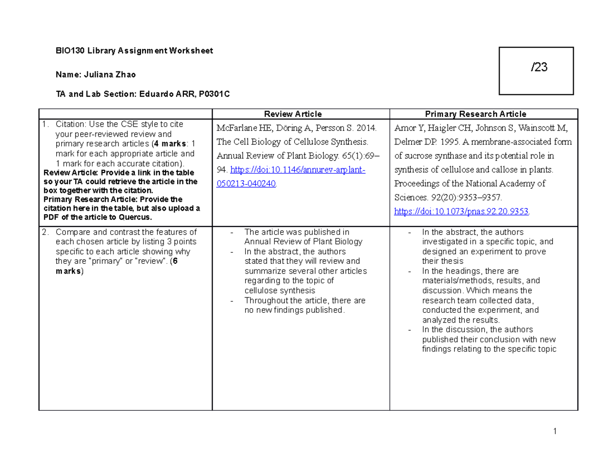 BIO130 Library Assignment Worksheet 2023 - BIO130 Library Assignment ...