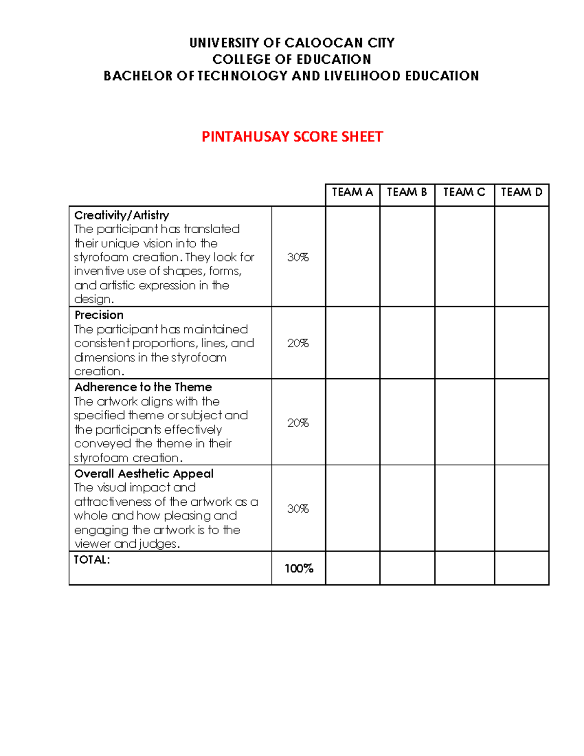 Pintahusay- Score- Sheet - UNIVERSITY OF CALOOCAN CITY COLLEGE OF ...