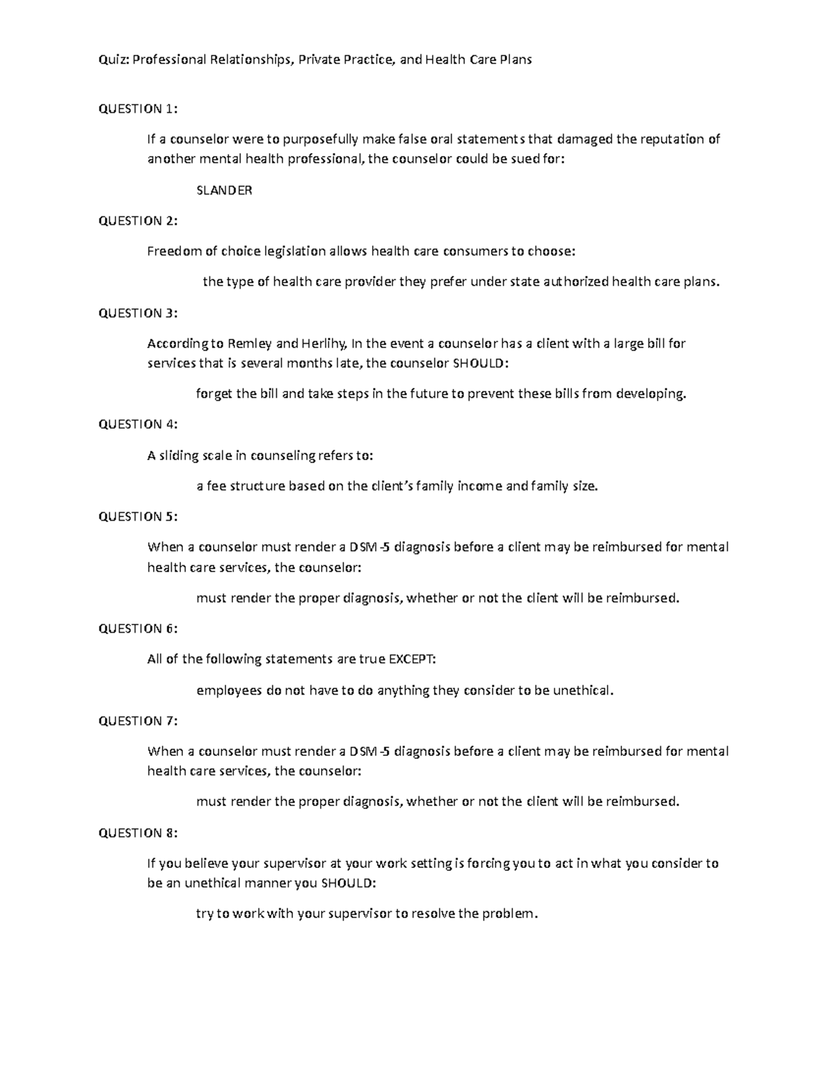 QUIZ Professional Relationships Private Practice - QUESTION 3 ...