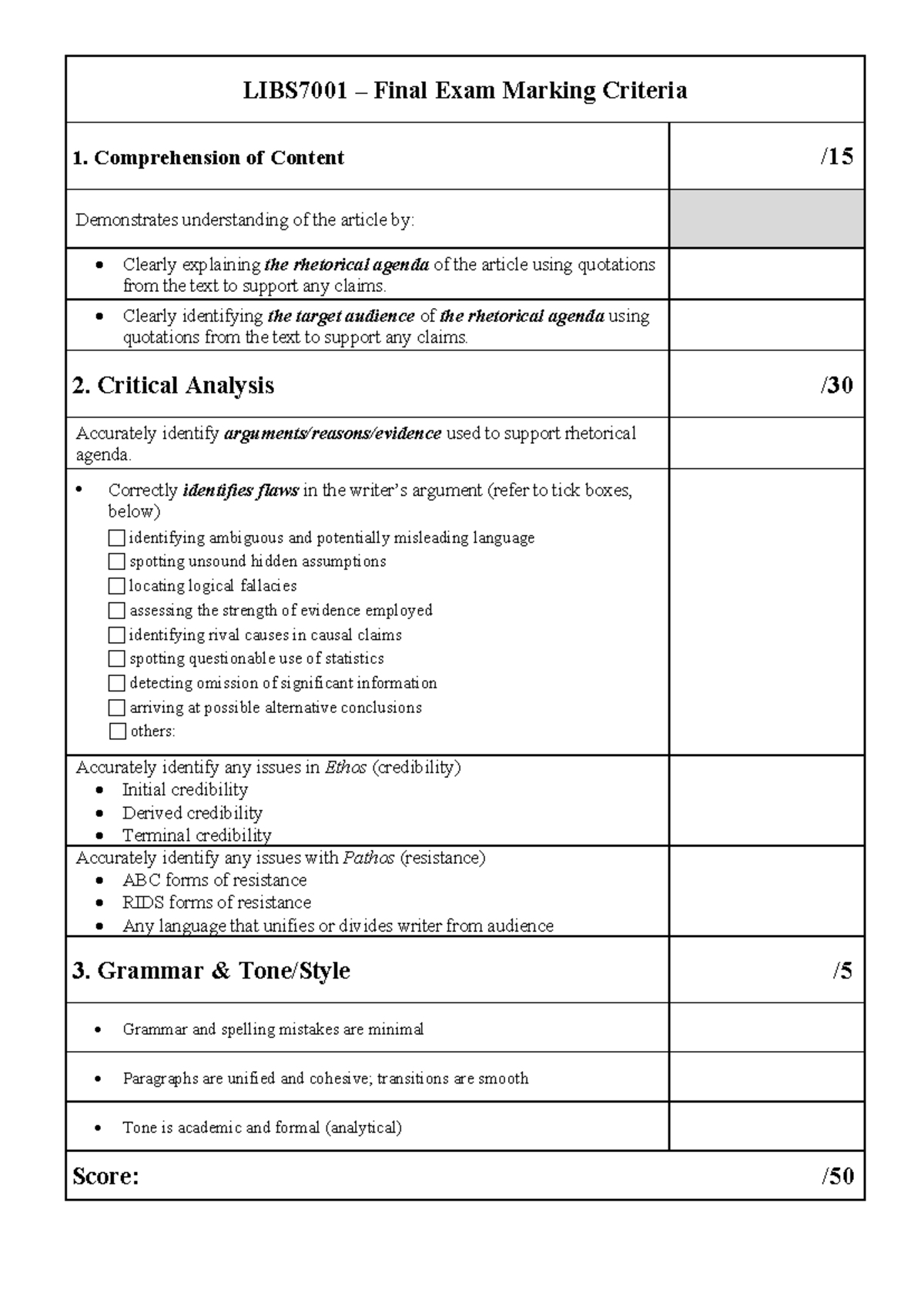 LIBS7001 - Final Exam Marking Criteria v2 - LIBS7001 – Final Exam ...