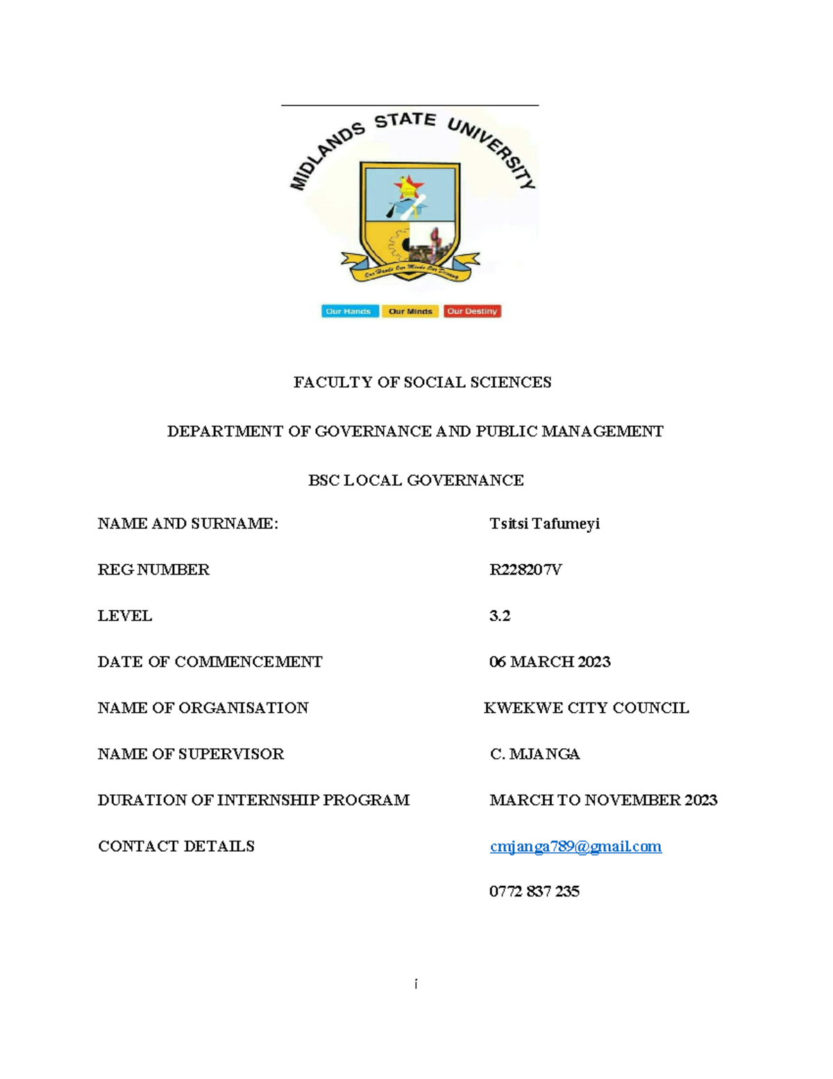 Work Related Learning Report (Tsitsi Tafumeyi ) - FACULTY OF SOCIAL ...