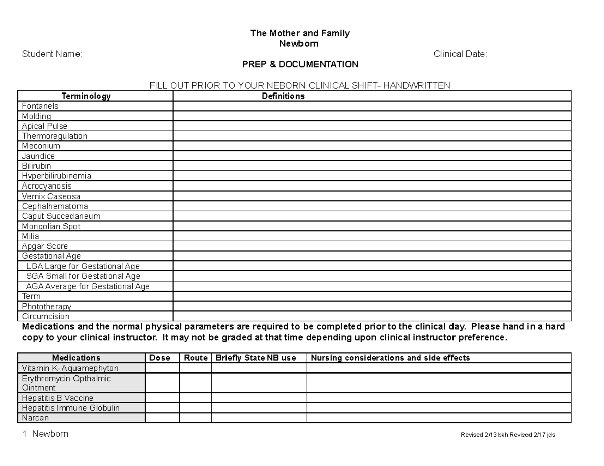 Newborn Prep Documentation - Newborn Student Name: Clinical Date: PREP ...
