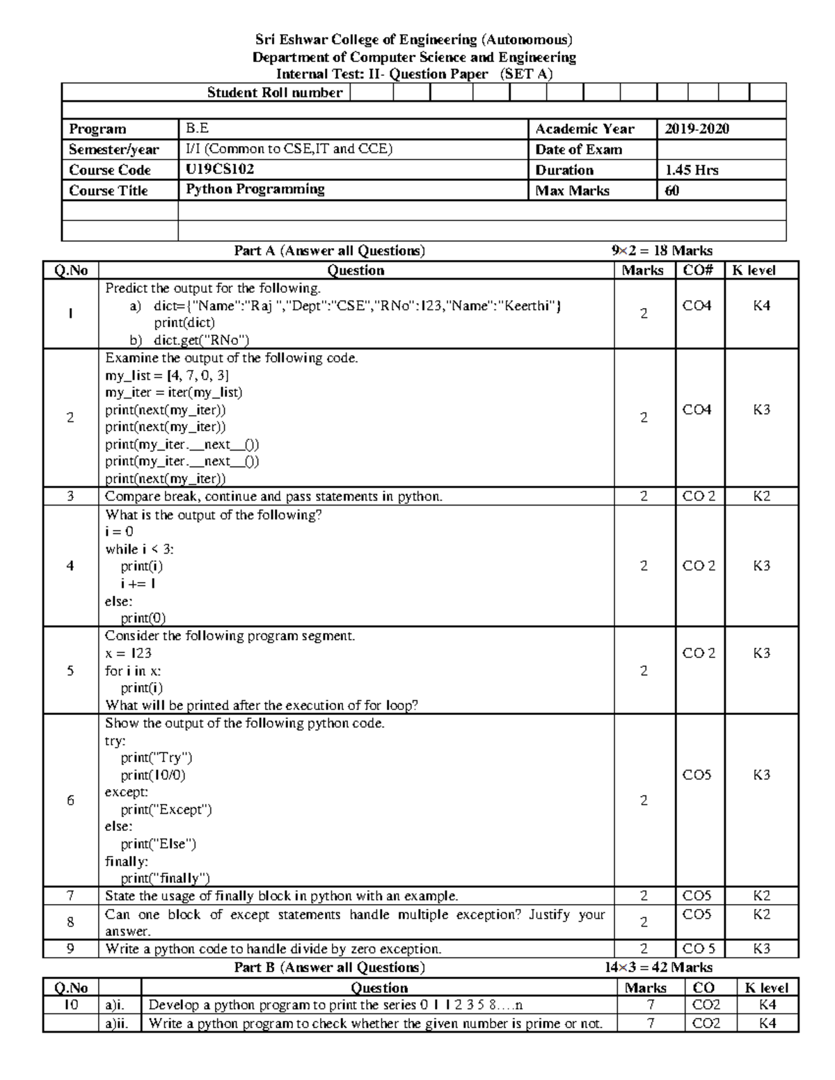 Question Paper Set A - NIL - Sri Eshwar College of Engineering (Autonomous) Department of ...