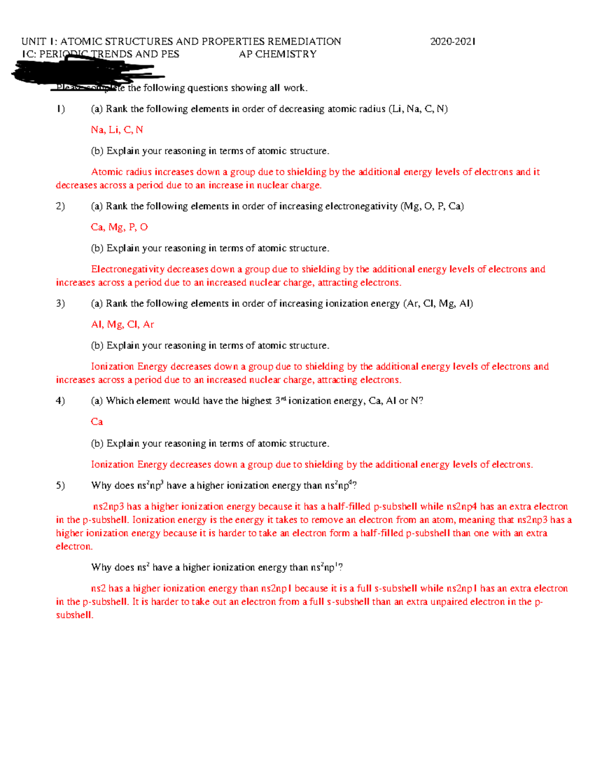 AP Chemistry 1C Practice Test - UNIT 1: ATOMIC STRUCTURES AND ...
