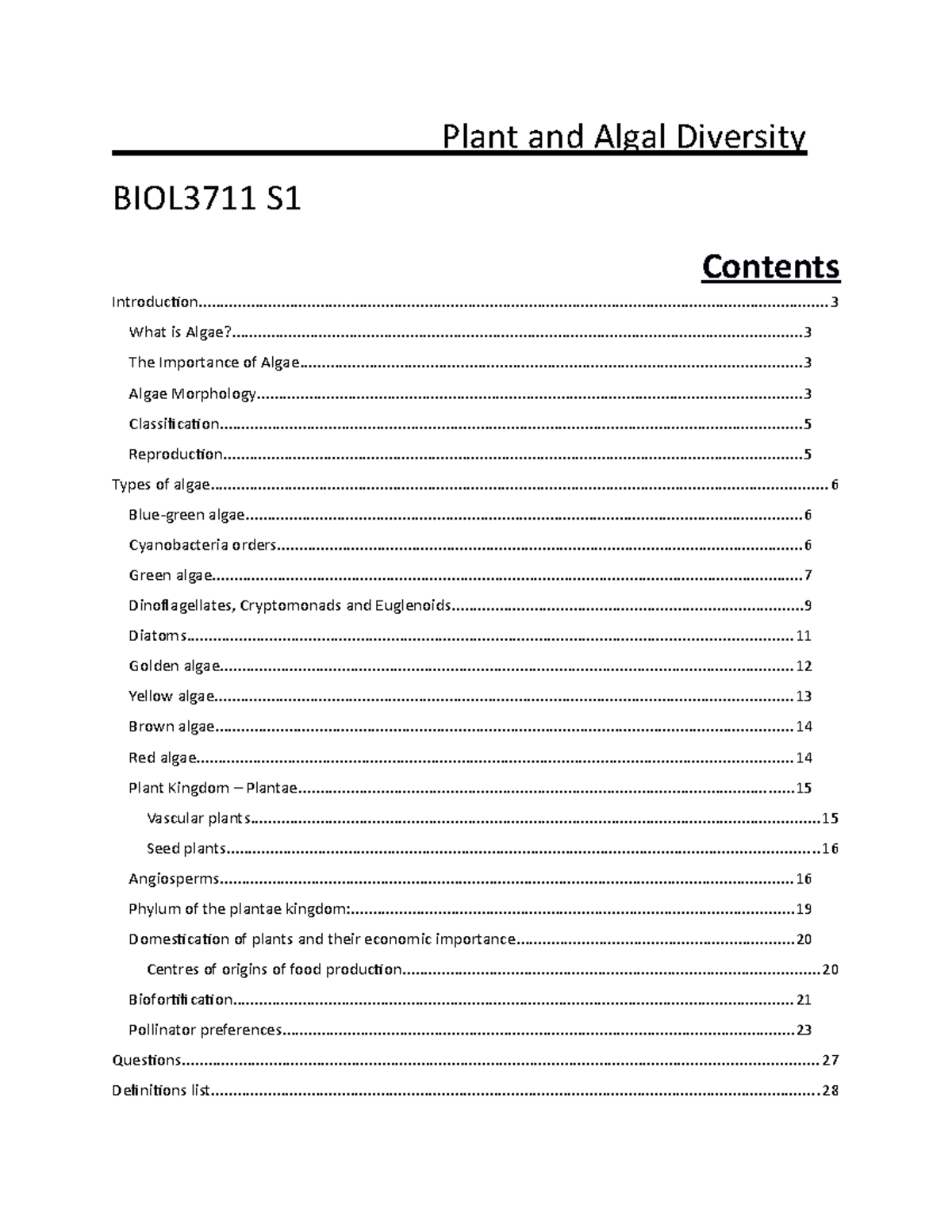 Plant and Algal Diversity Notes - IOoooo oo Plant and Algal Diversity ...