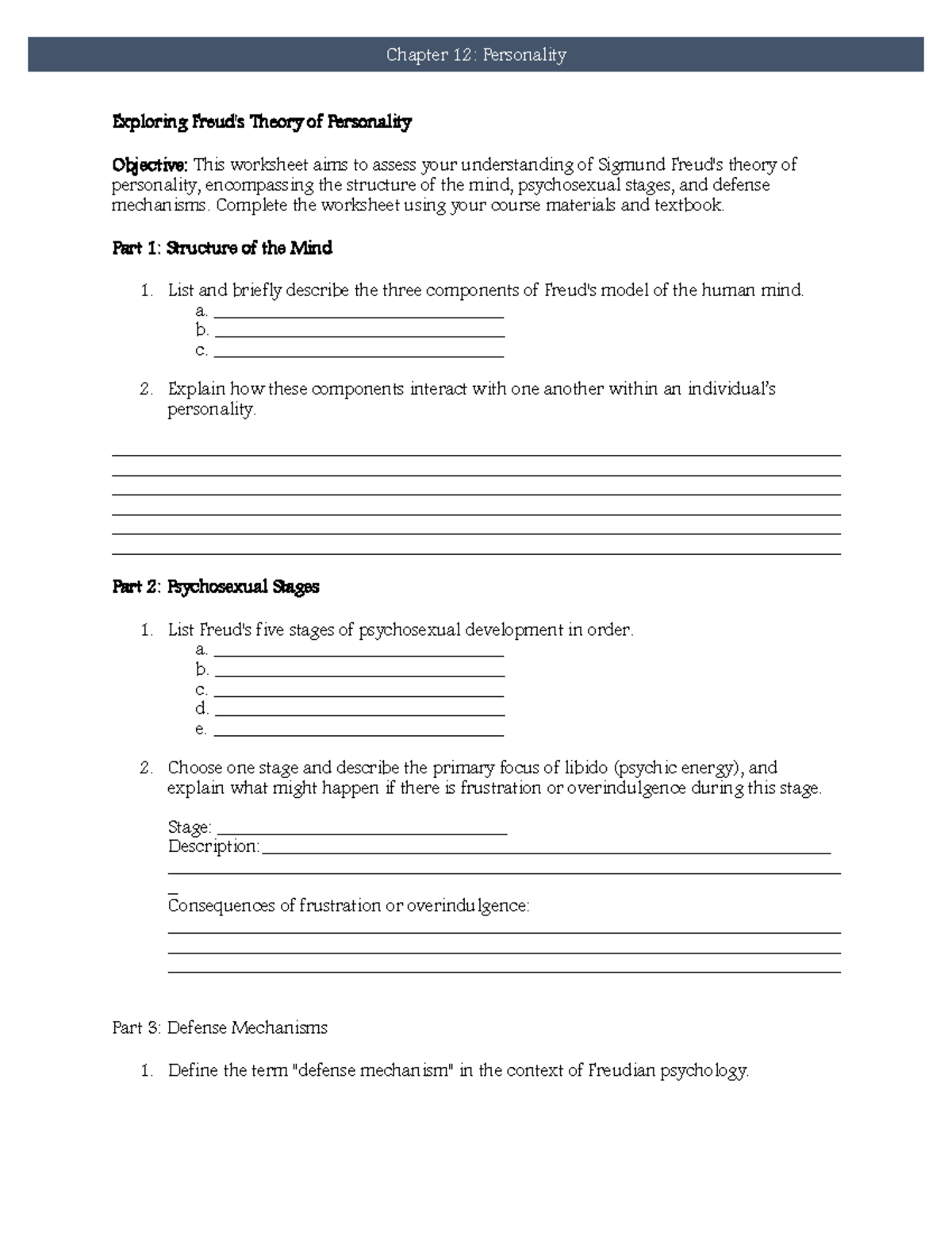 Worksheet - Chapter 12 - Freud - Chapter 12: Personality Exploring ...