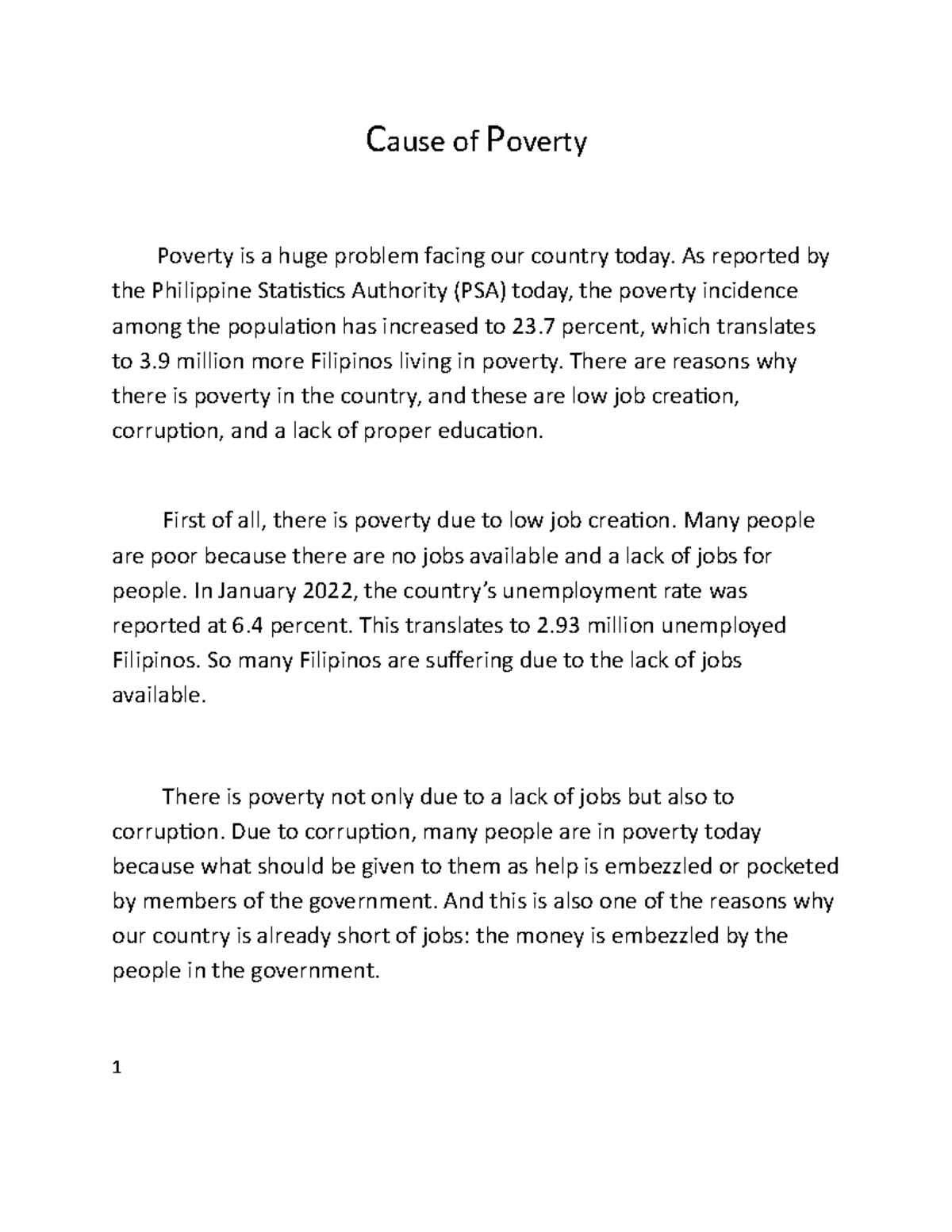 PT 3rd Grading English - essay for all - Cause of Poverty Poverty is a ...