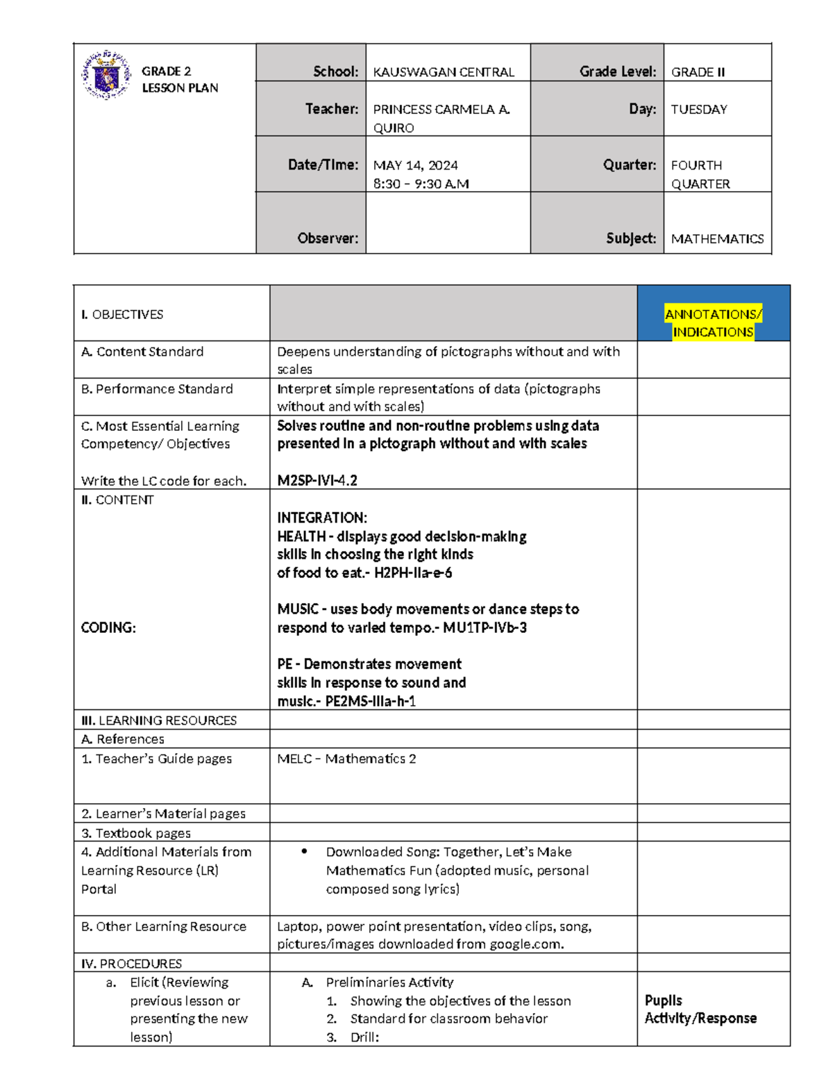 Latest Deped DEMO Lesson PLAN - School: KAUSWAGAN CENTRAL Grade Level ...
