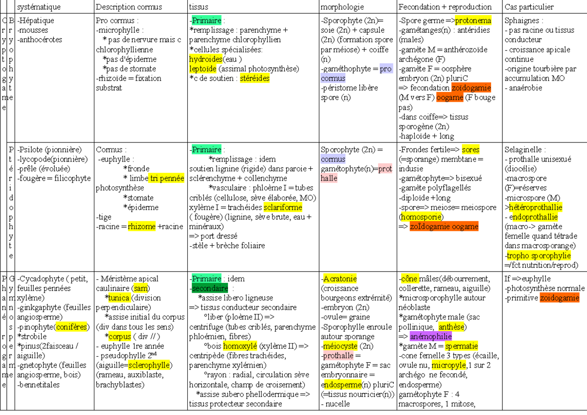 Bio vegetale - résumé jusqu'aux angiospermes - systématique Description ...