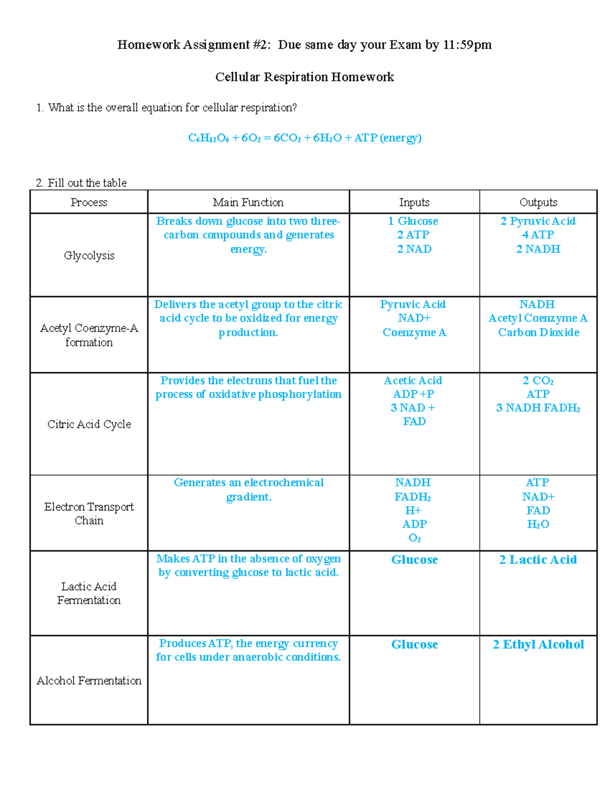 Homework Assignment #2 - Cell Respiration and Photosynthesis - Homework ...