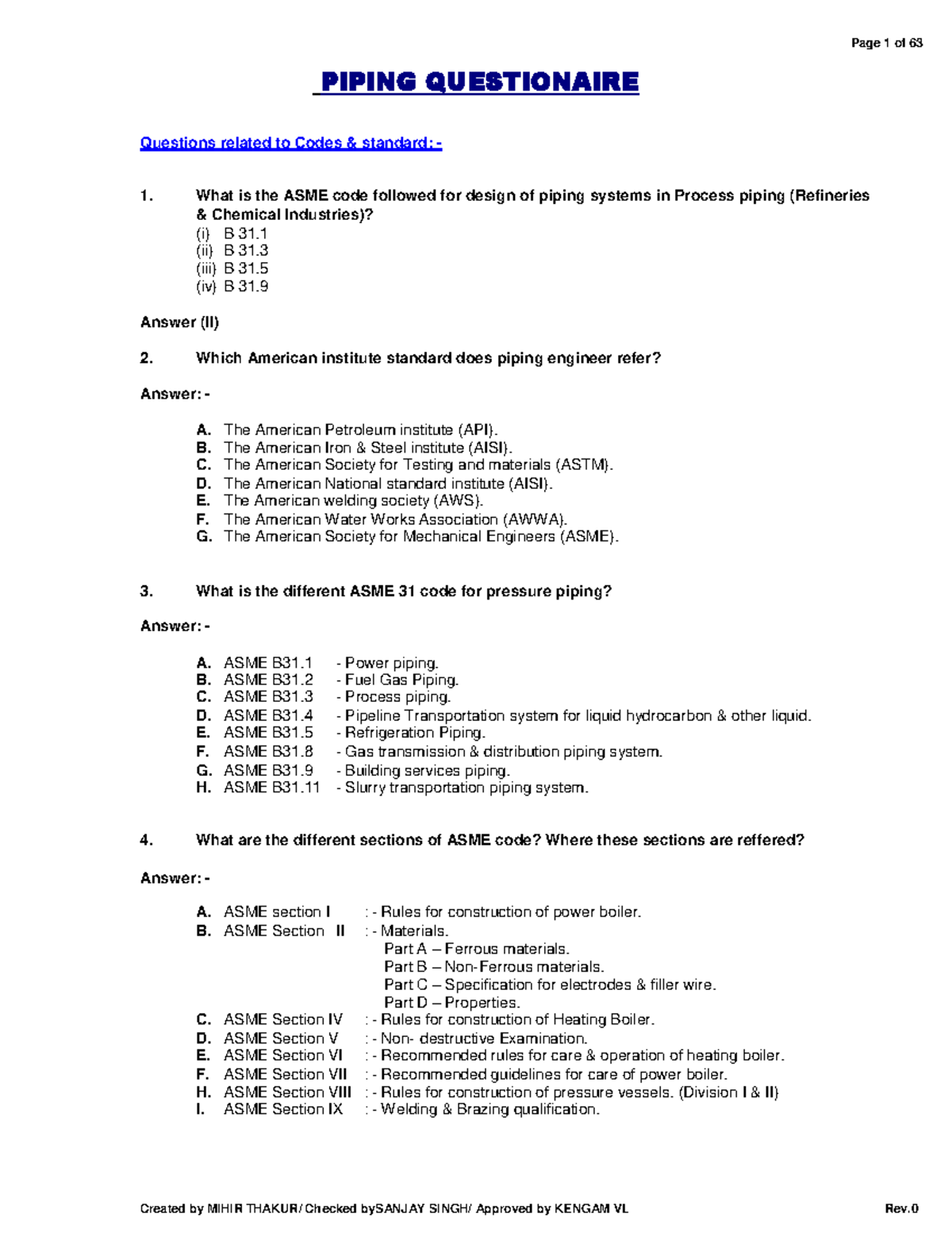 Piping Questionaire - PIPING QUESTIONAIRE Questions related to Codes ...