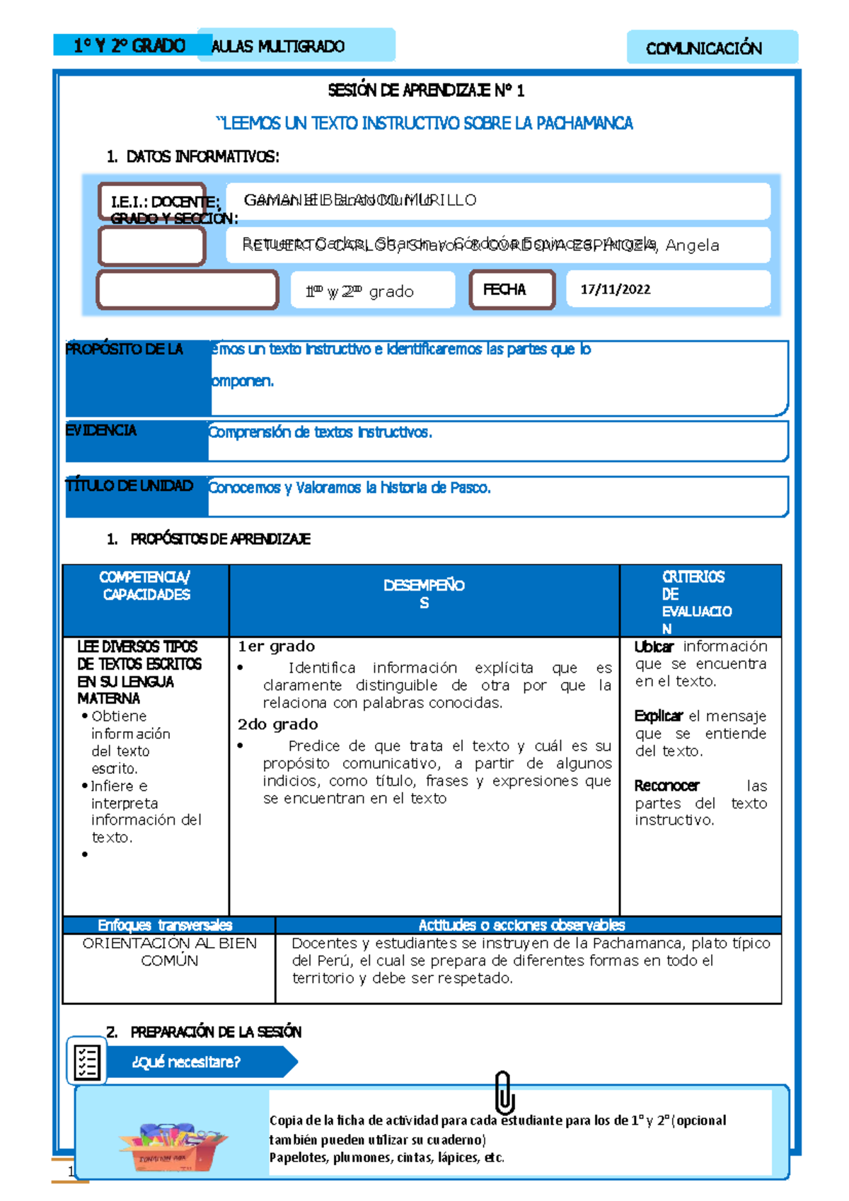 Sesión de aprendizaje multigrado - ¿Qué necesitare? Copia de la ficha ...