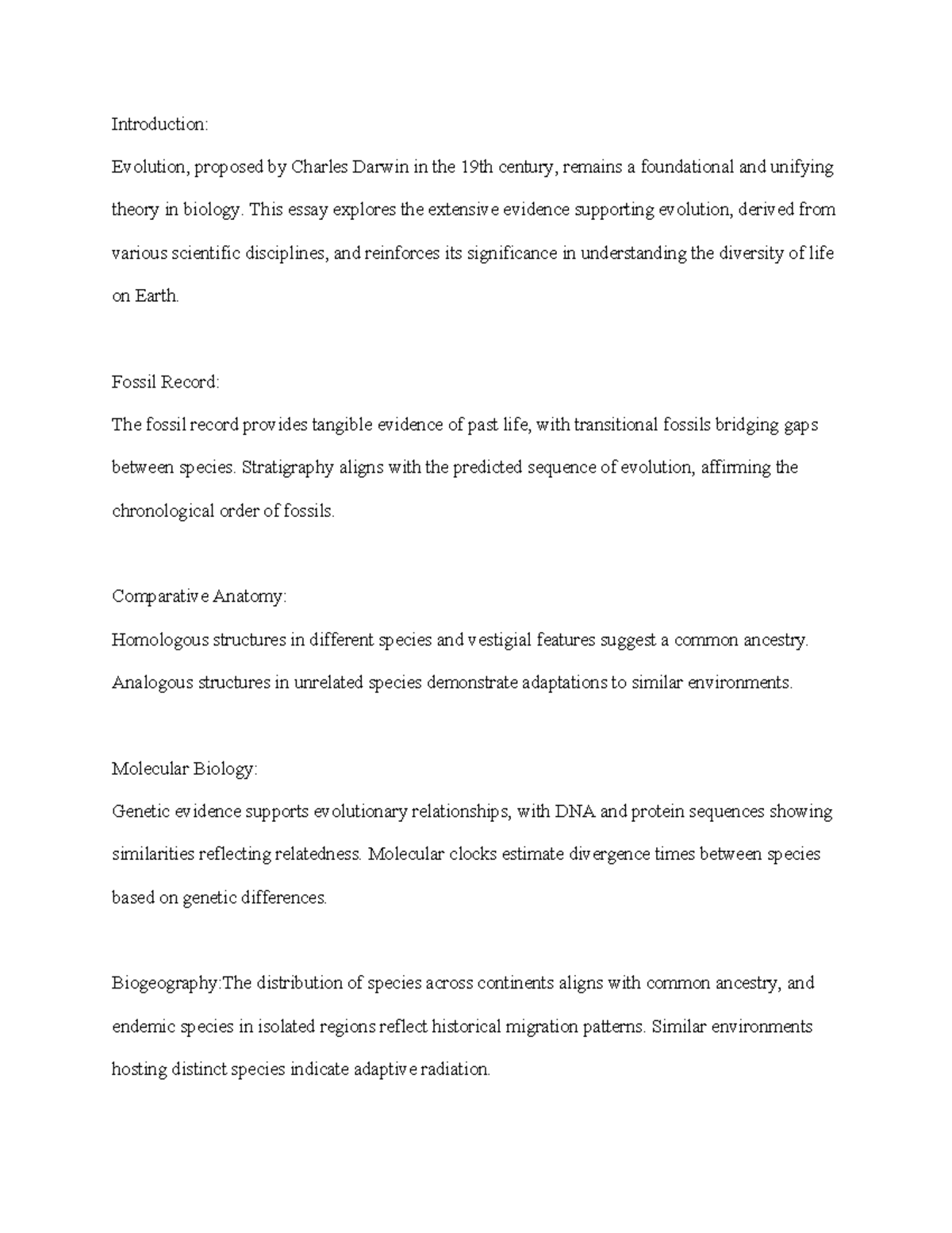 Evolution essay - Introduction: Evolution, proposed by Charles Darwin ...