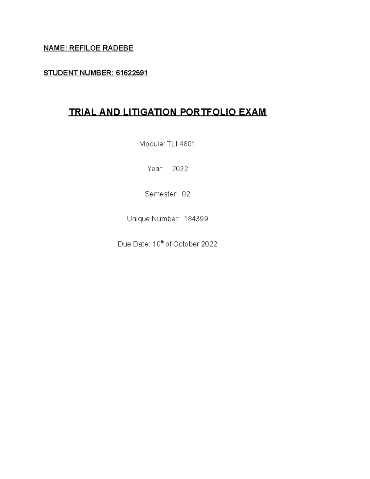 Portfolio EXAM - NAME: REFILOE RADEBE STUDENT NUMBER: 61622591 TRIAL ...