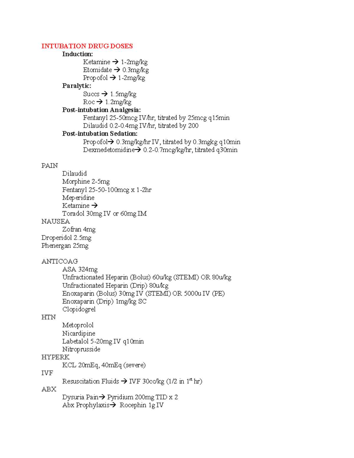 Quick & Dirty EM Doses - For EM shelf exams - INTUBATION DRUG DOSES ...