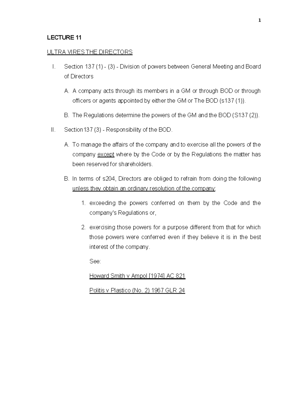 Lecture 11 - CONCISE NOTES WITH CASES - 1 LECTURE 11 ULTRA VIRES THE ...