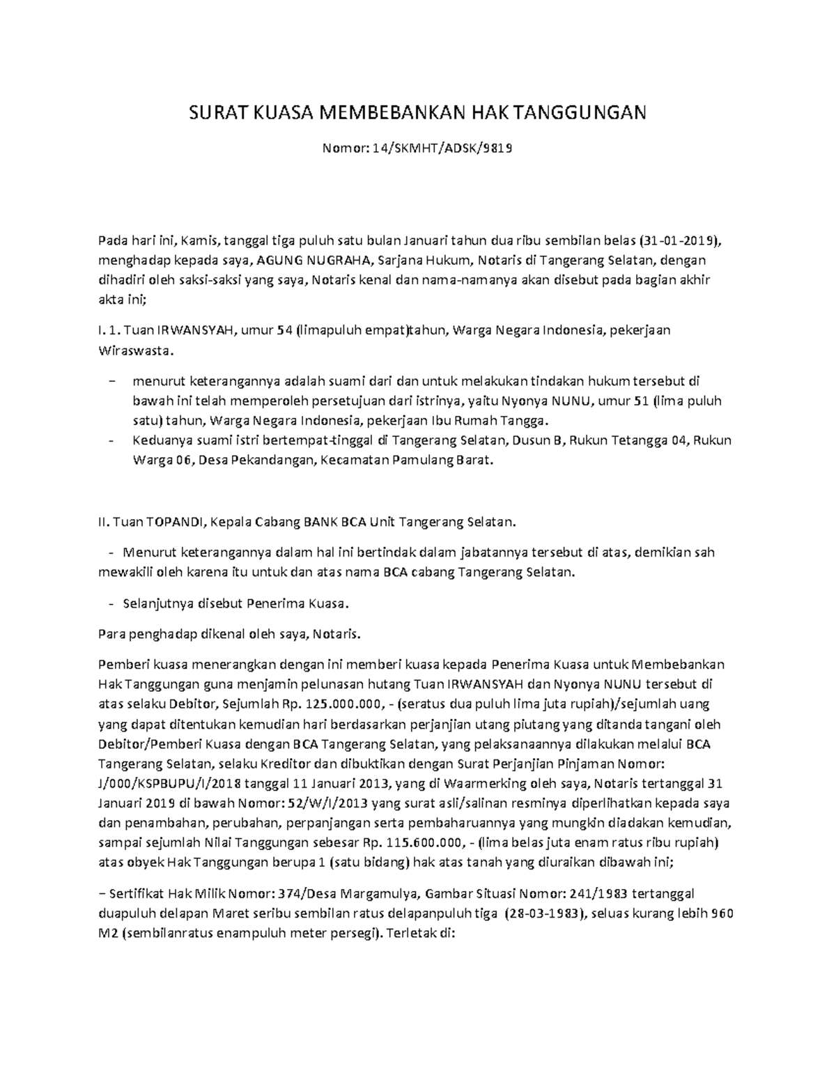 Contoh- Skmht dalamkpr - SURAT KUASA MEMBEBANKAN HAK TANGGUNGAN Nomor ...