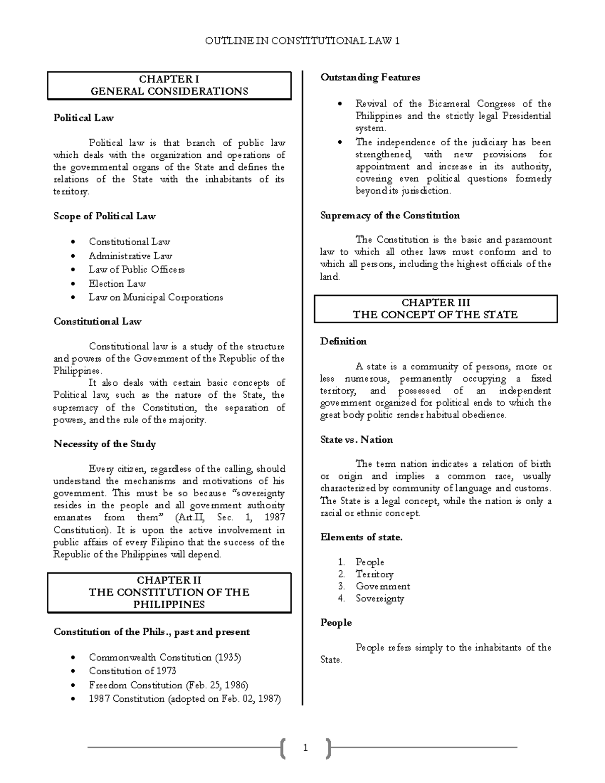 Constitutional Law I Outline - CHAPTER I GENERAL CONSIDERATIONS Political Law Political law is ...