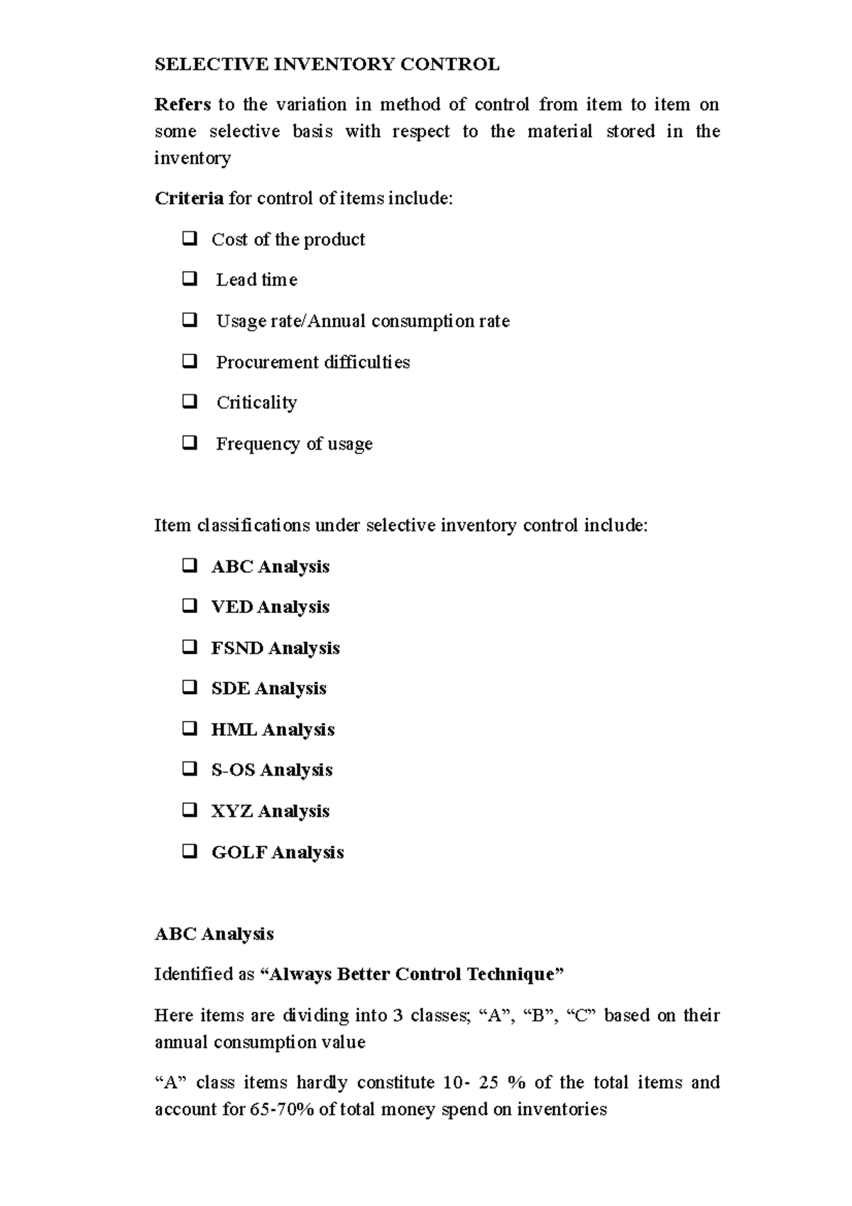 Selective Inventory Control - SELECTIVE INVENTORY CONTROL Refers to the ...