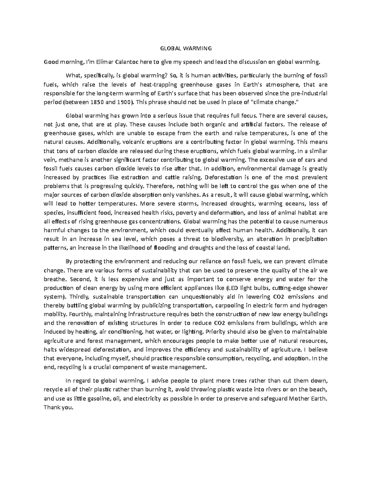 Calantoc, Elimar - Global Warming - GLOBAL WARMING Good morning, I’m ...