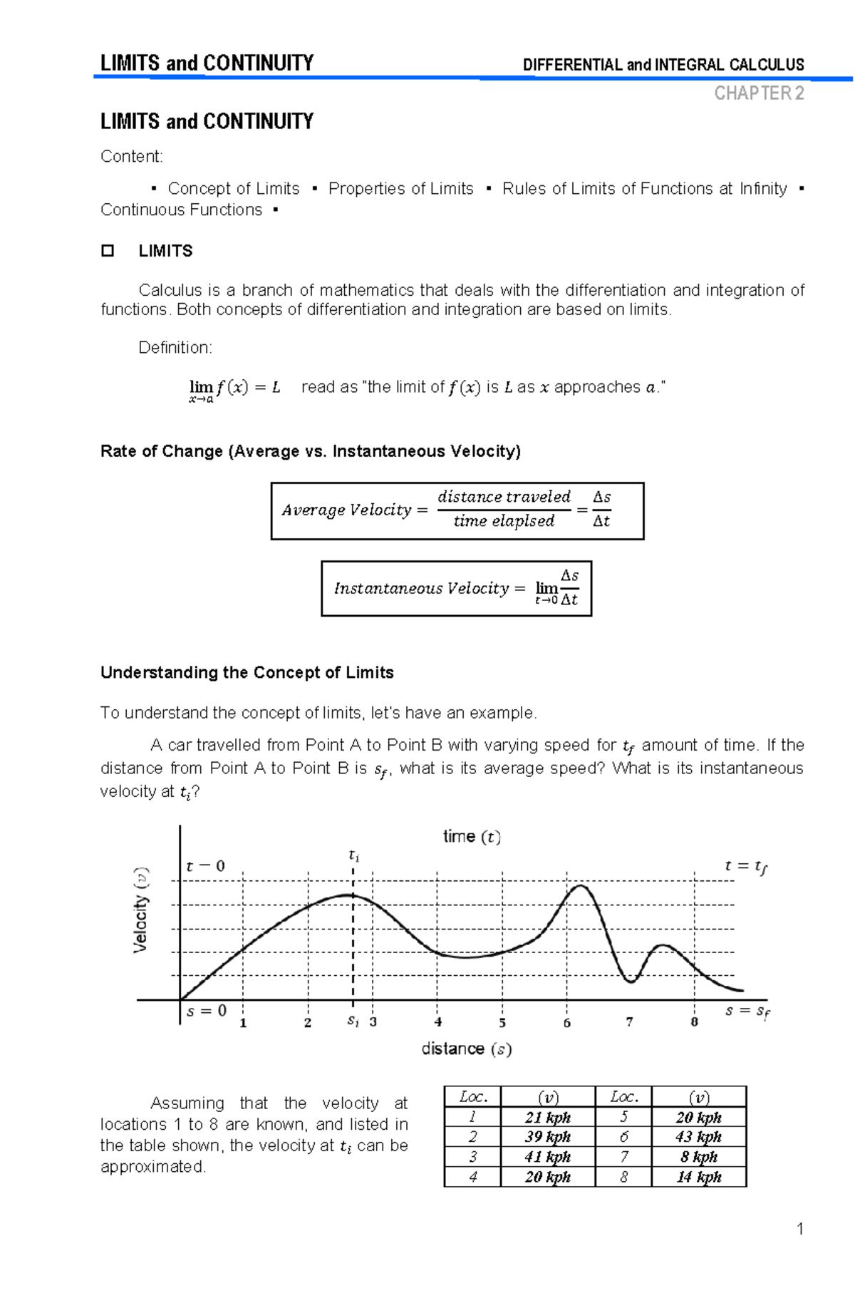 2 Limits And Continuity CHAPTER 2 LIMITS And CONTINUITY Content