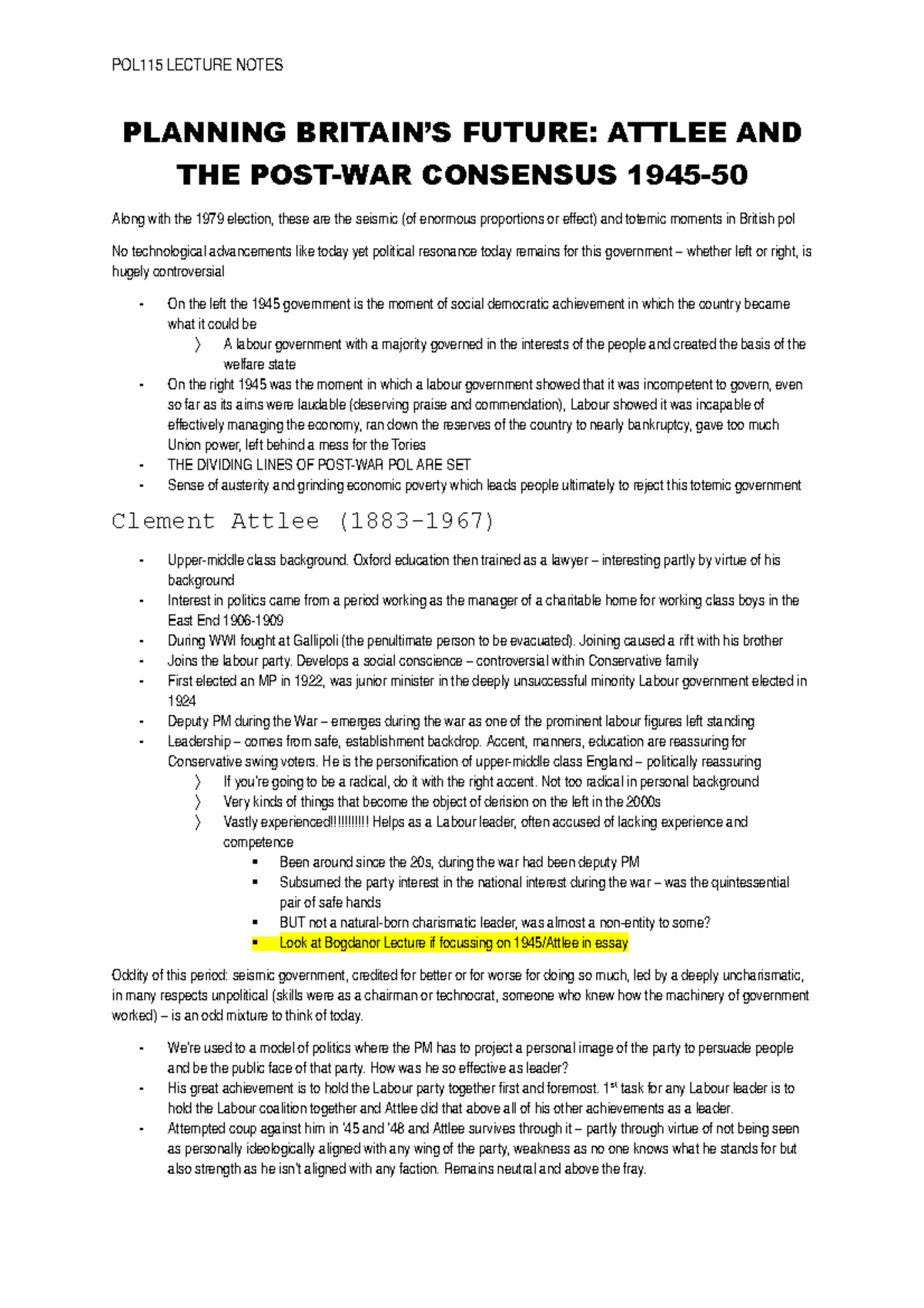 Lecture notes - on the beginning of the post-war consensus in 1945 ...