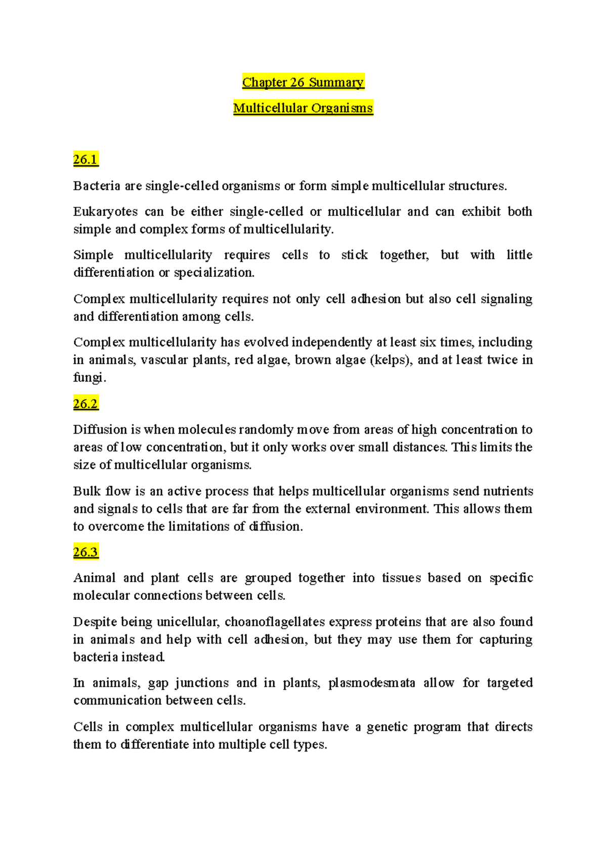 Summary of Chapter 26 BIOL 2108 - Chapter 26 Summary Multicellular ...