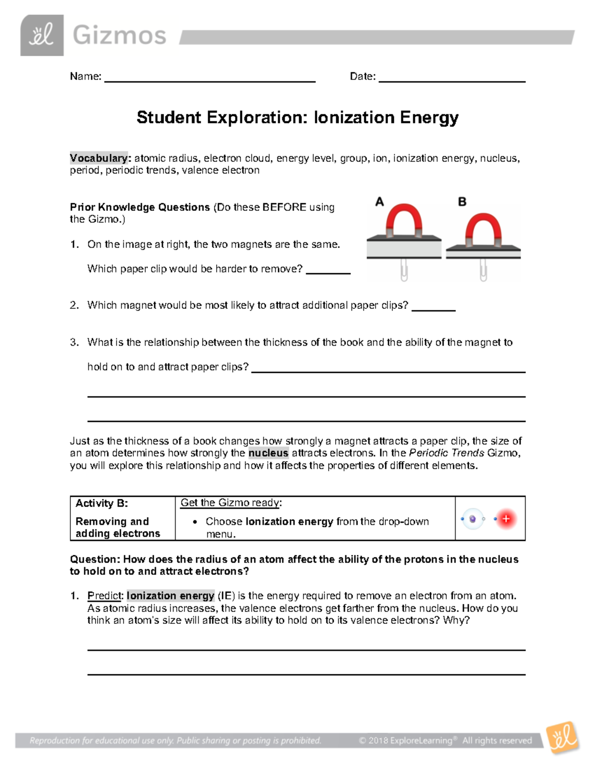 Ionization Energy Inquiry - 2018 Name: Date: Student Exploration ...