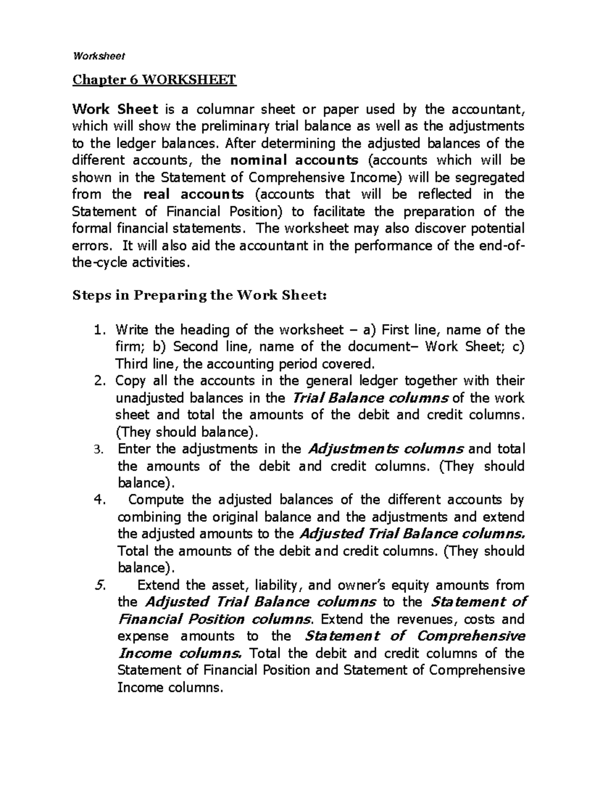 Workbook.Chapter 6 Worksheet - Worksheet Chapter 6 WORKSHEET Work Sheet ...