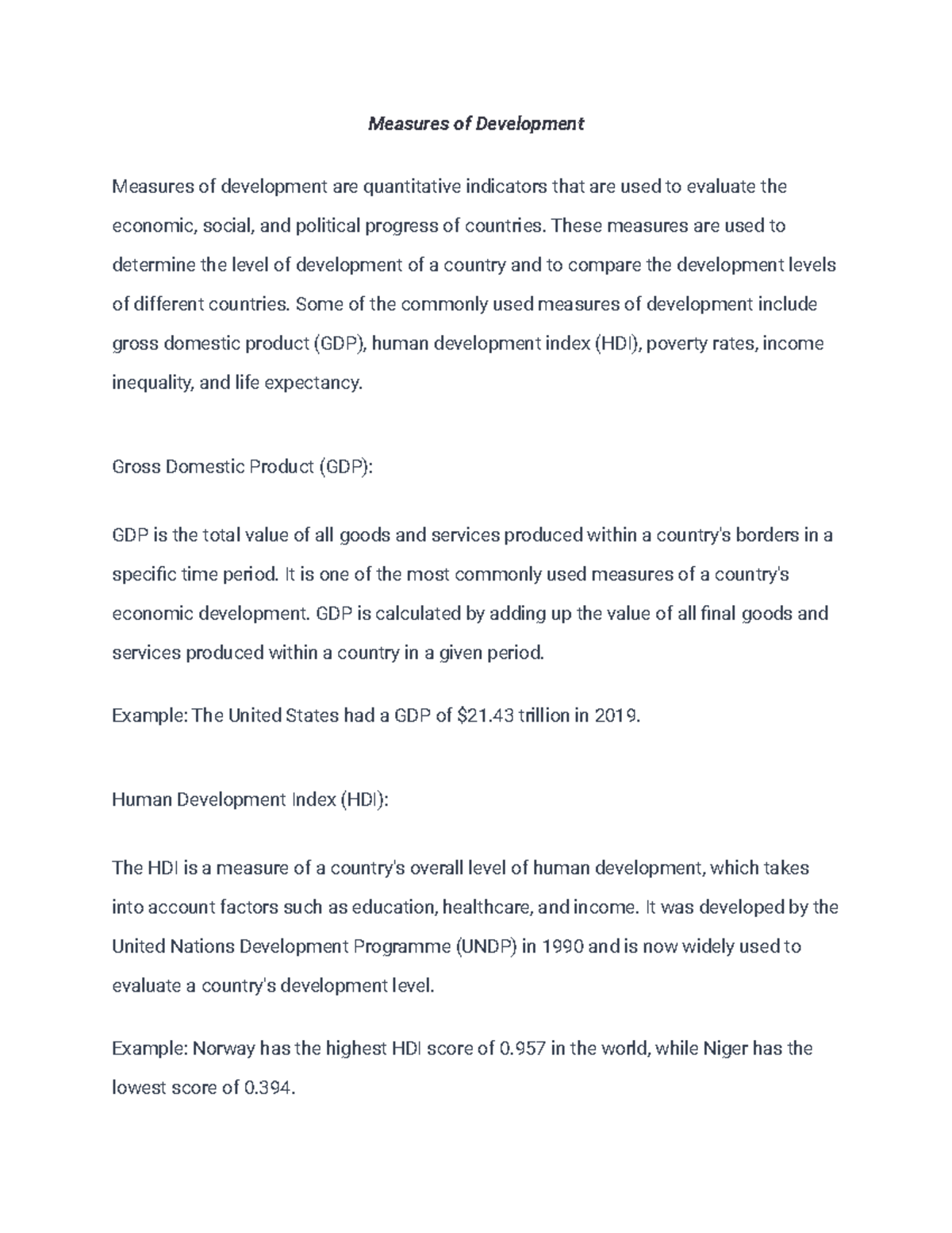 Notes on Measures of Development - Measures of Development Measures of ...