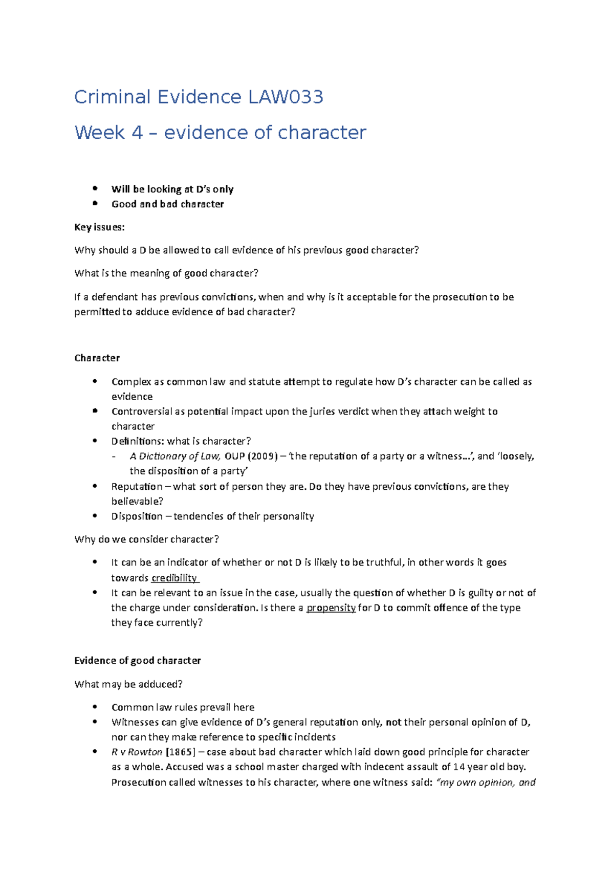 Criminal evidence evidence of character week 4 lecture - Criminal ...