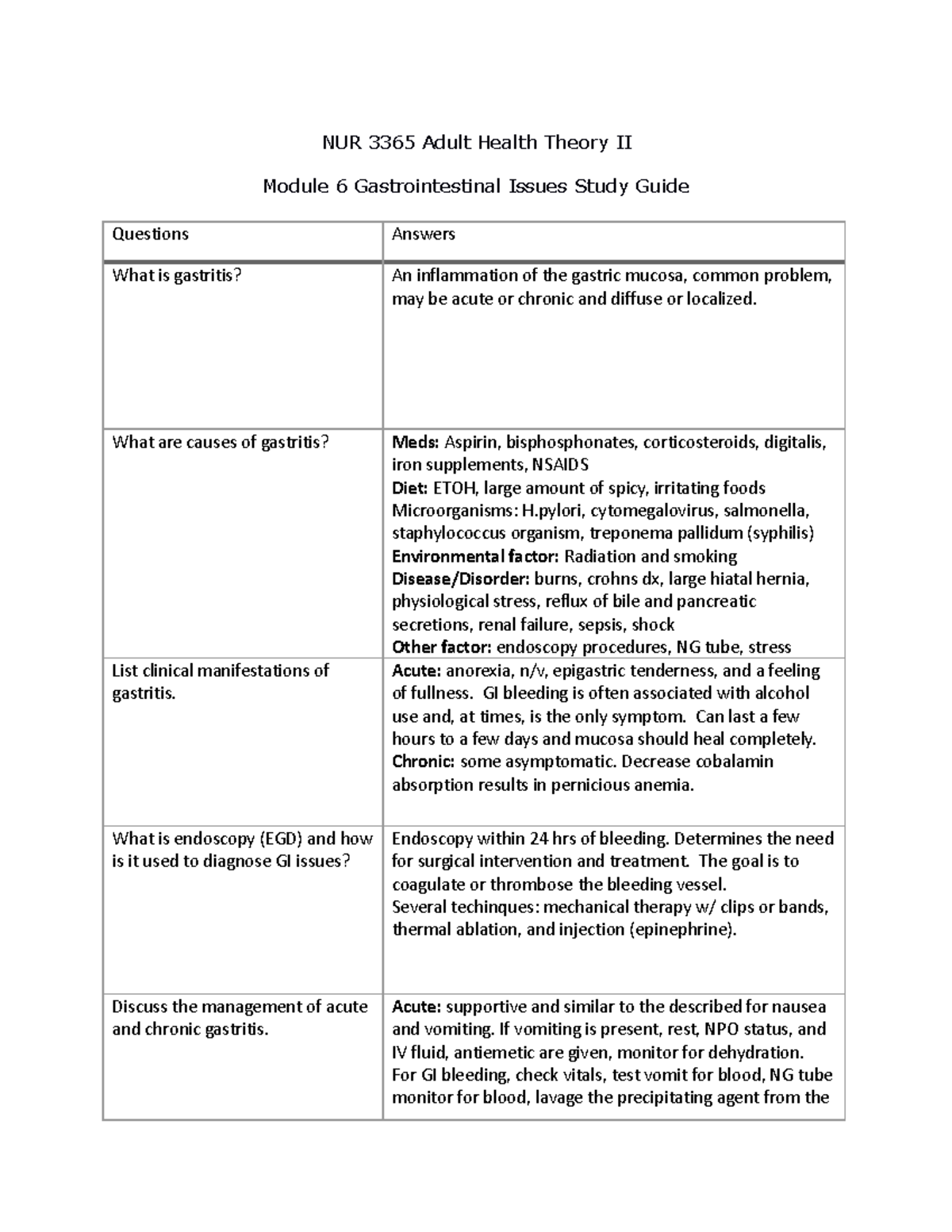 Module 6 Gastrointestinal Issues Study Guide[ 19] - NUR 3365 Adult ...