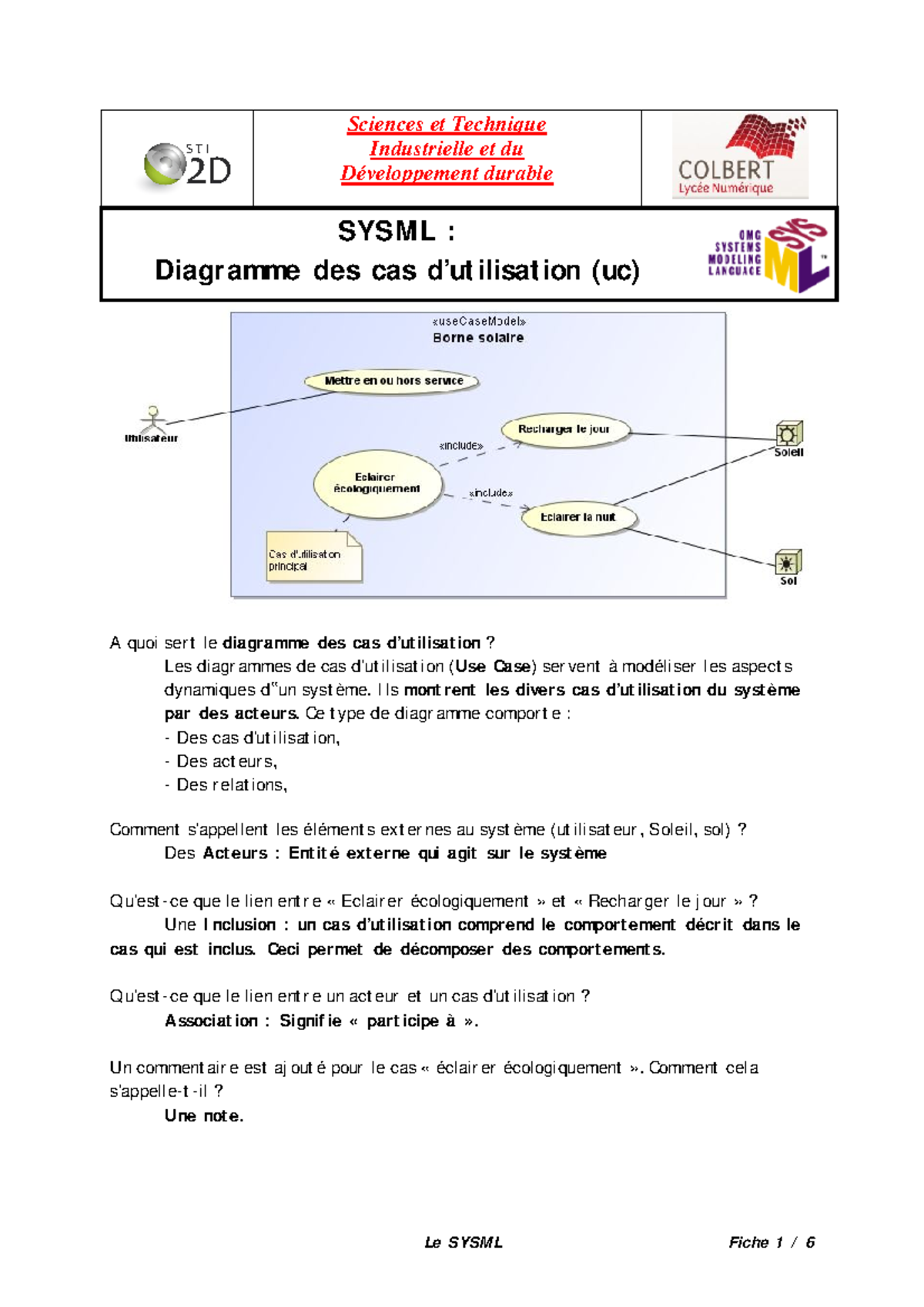 01 - Sysml - Cas d'utilisation - Le SYSML Fiche 1 / 6 Sciences et ...