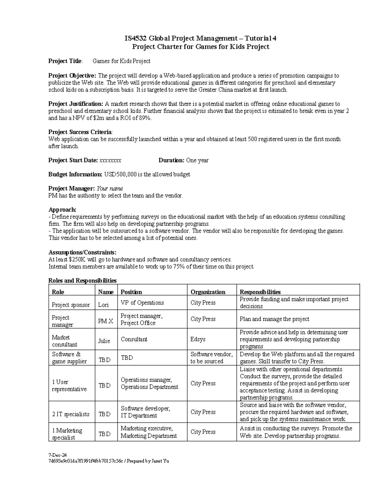 Tutorial Project Charter-Solution - IS4532 Global Project Management ...