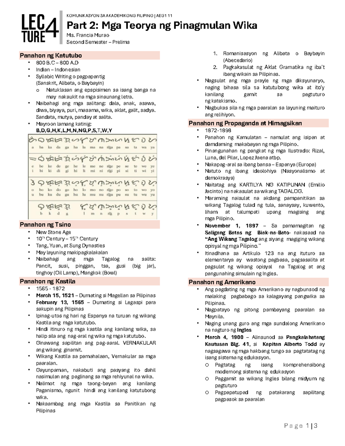 Lesson 4 PT2 Teorya NG WIKA - P a g e 1 | 3 Lec TUre 4 KOMUNIKASYON SA AKADEMIKONG FILIPINO ...