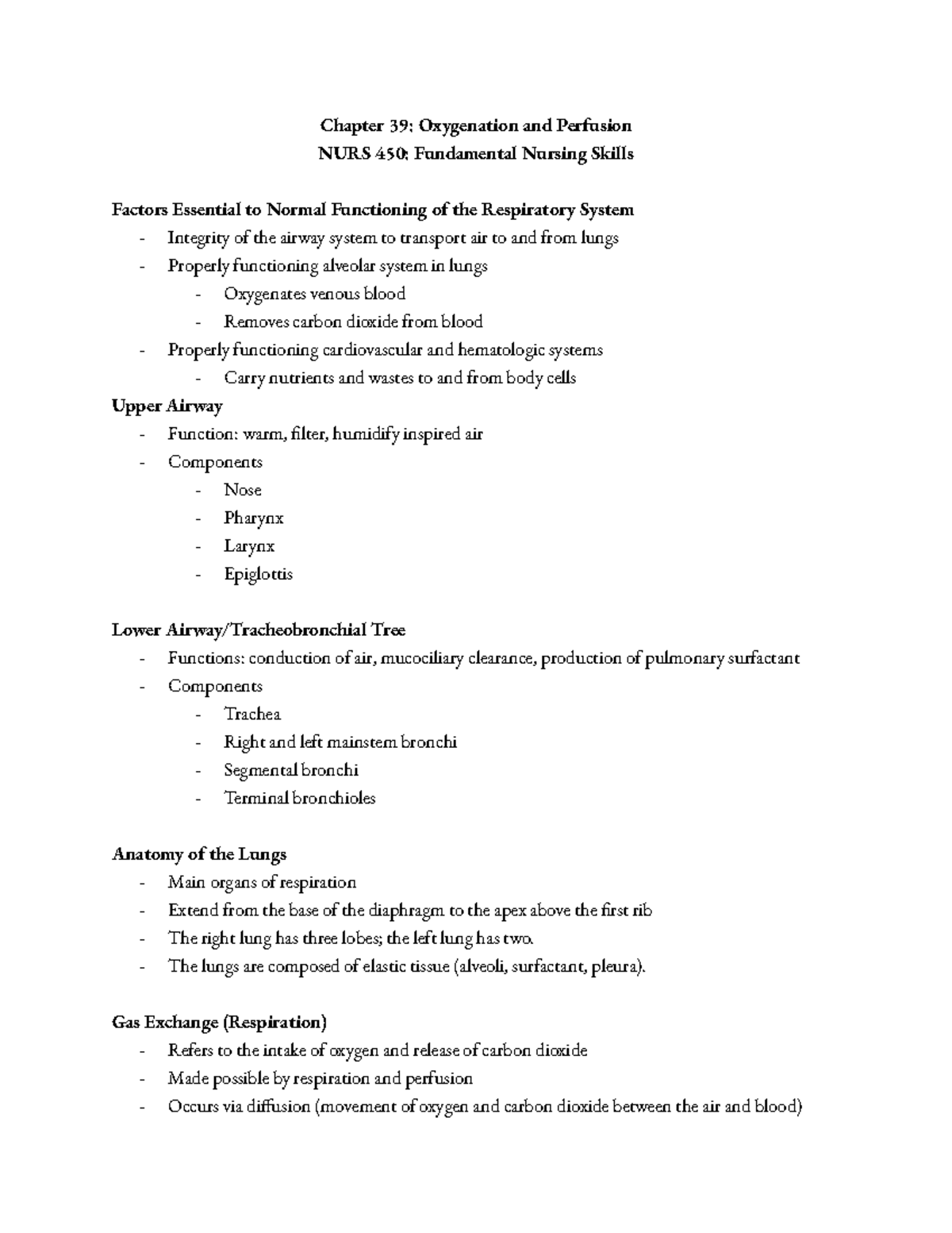 Chapter 39 Oxygenation and Perfusion - Chapter 39: Oxygenation and Perfusion NURS 450 ...