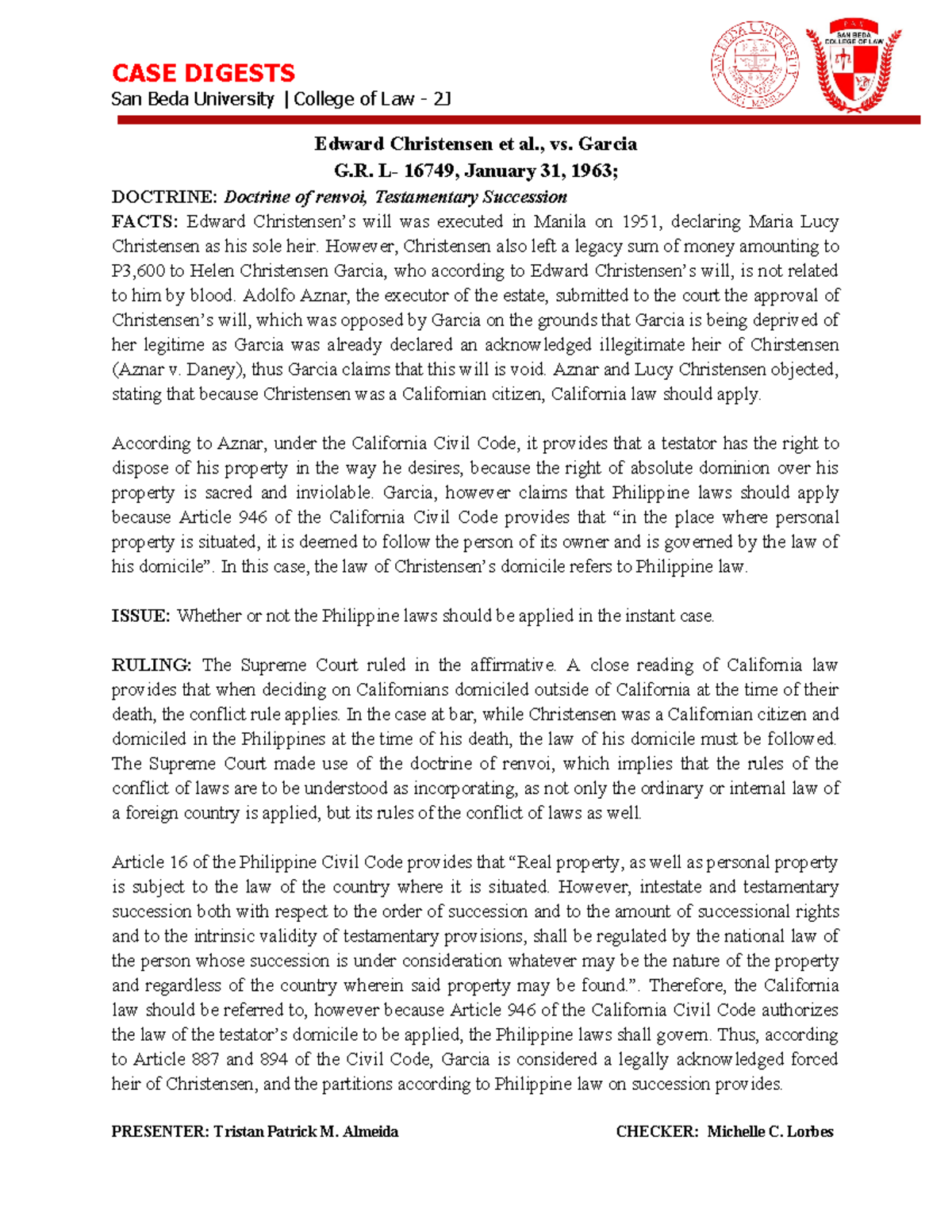 2J - CASE Digest - Christien - San Beda University | College of Law ...