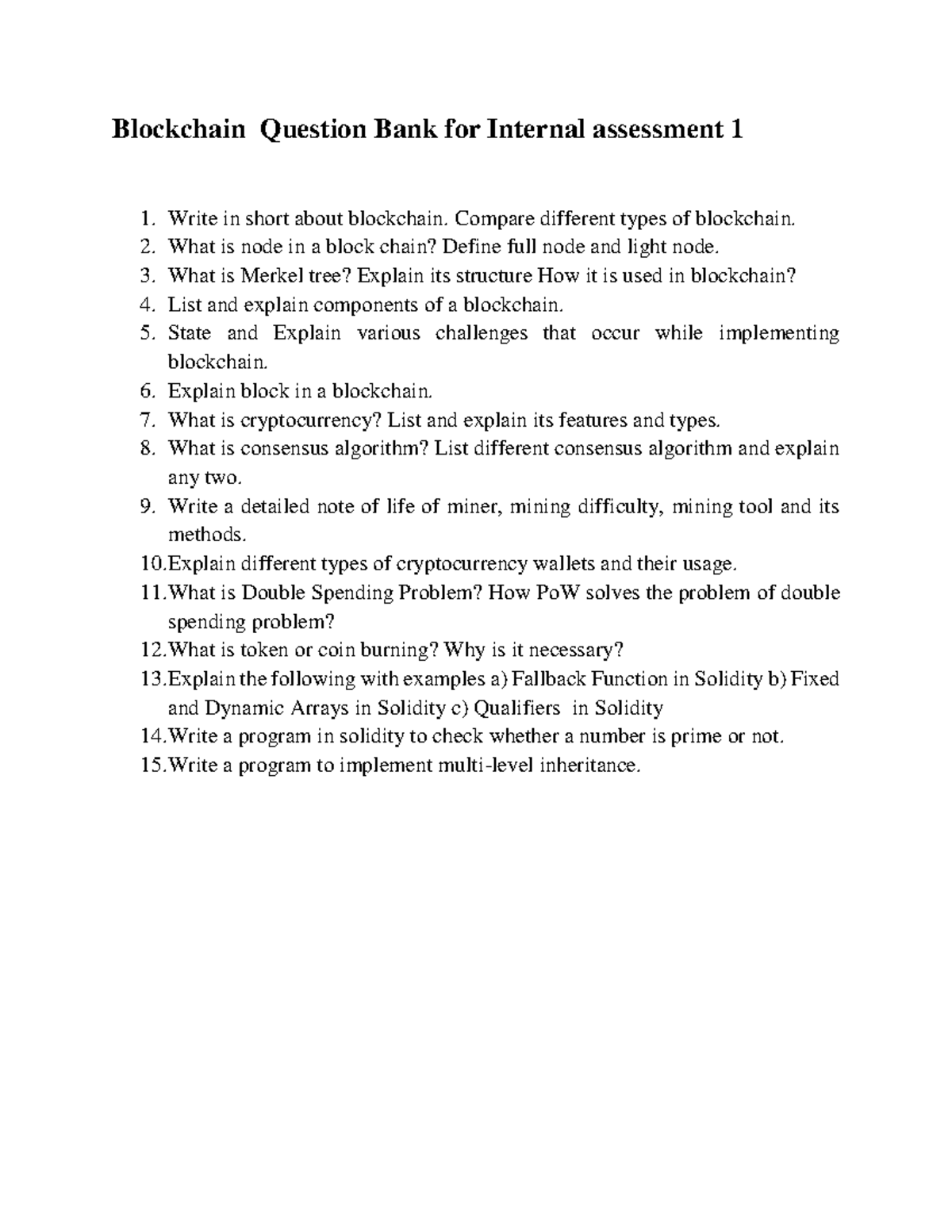 Block Chain-QB for Pt-1 2023 - Blockchain Question Bank for Internal assessment 1 Write in short ...