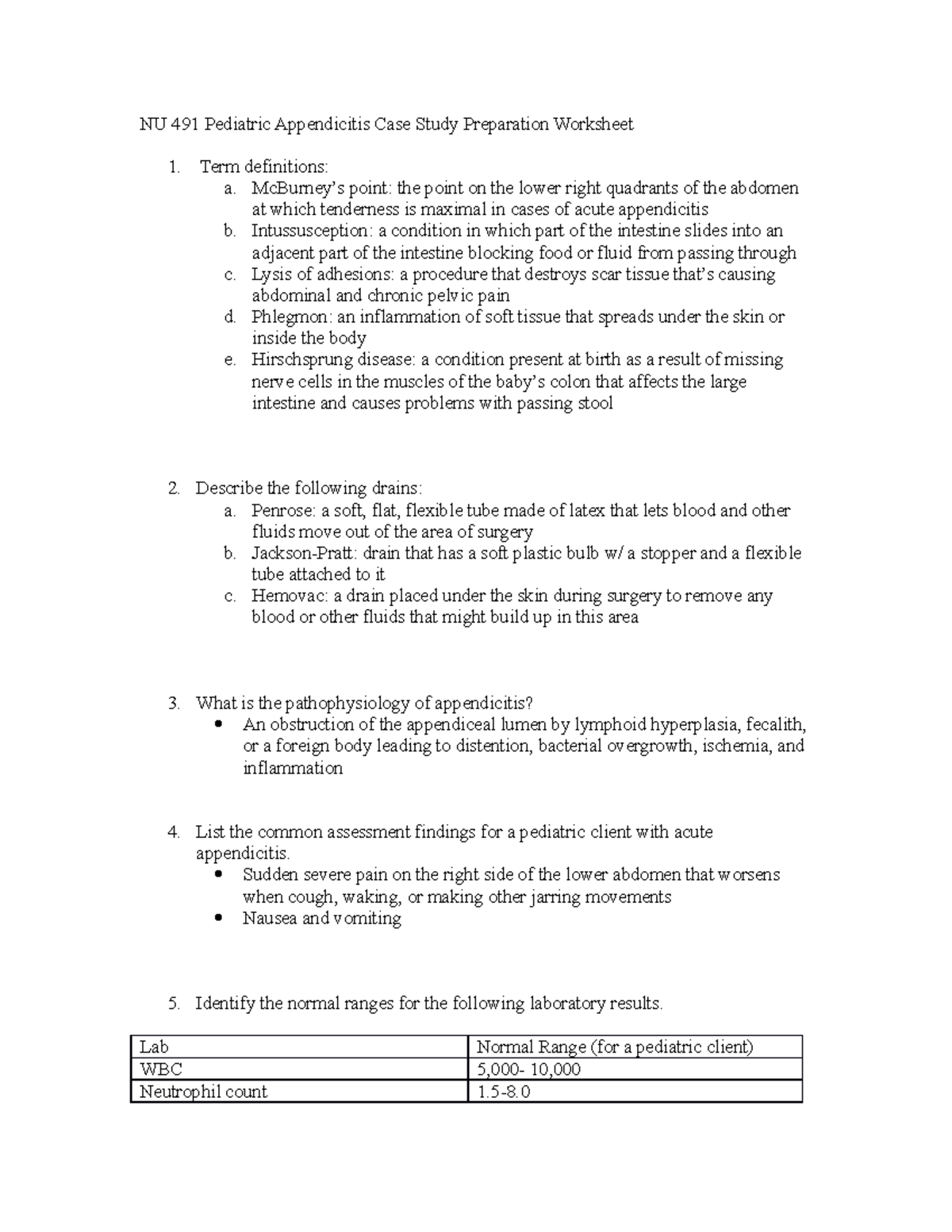 Pediatric Appendicitis Case Study Worksheet - NU 491 Pediatric ...