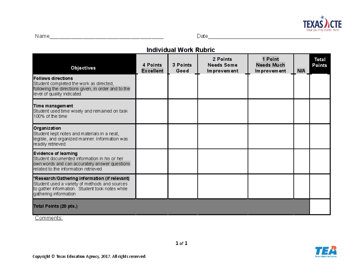 Individual Work Rubric 0 3 - Name ...