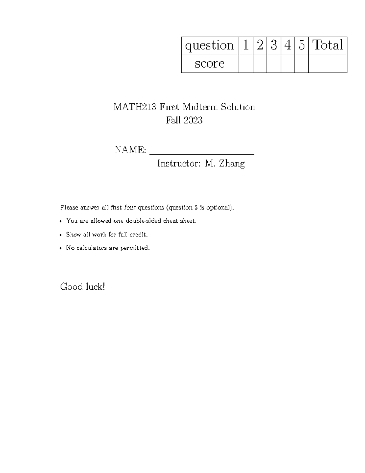 MATH 213 Midterm 1 Solution FALL2023 - MATH213 First Midterm Solution ...