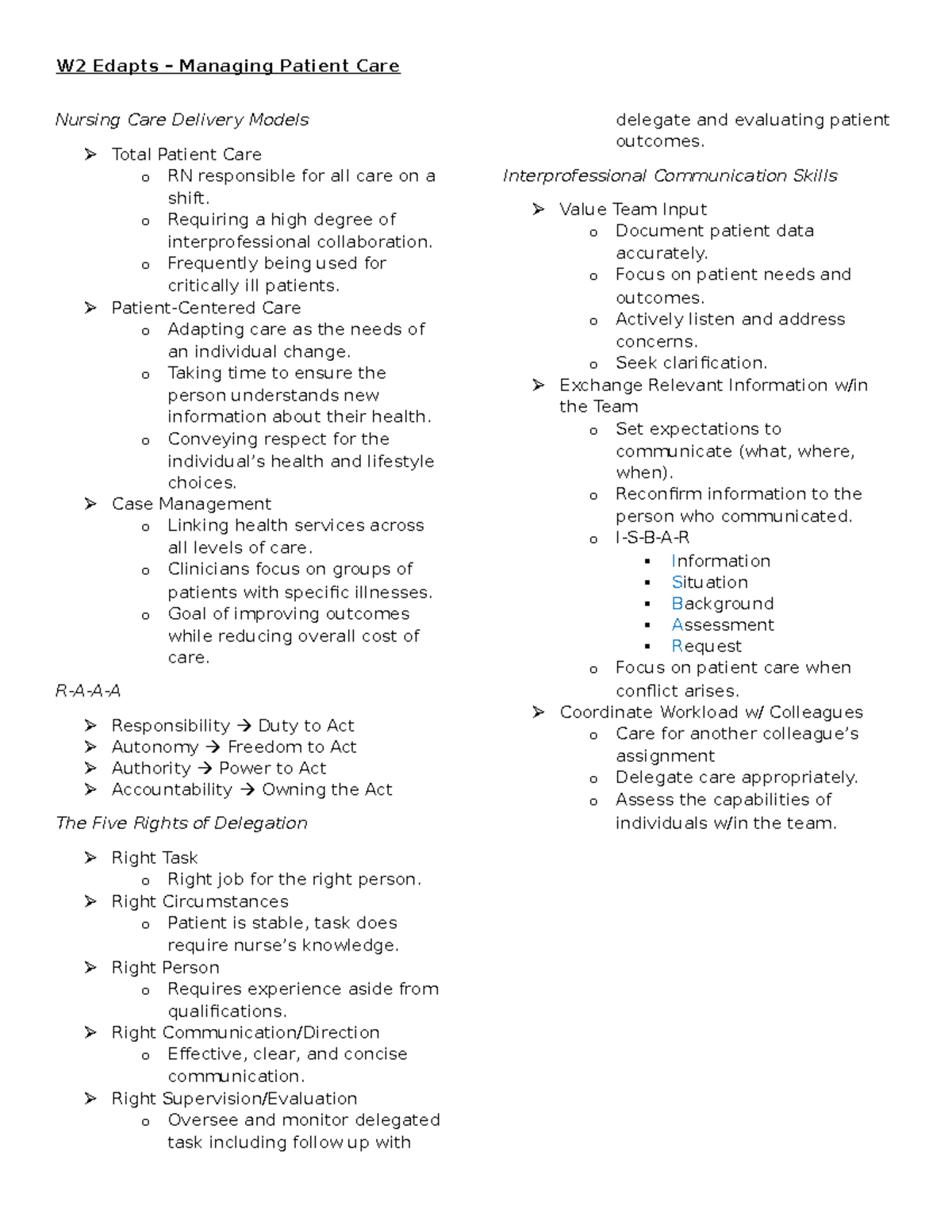W2 Notes - Nursing Care Delivery Models Total Patient Care o RN ...