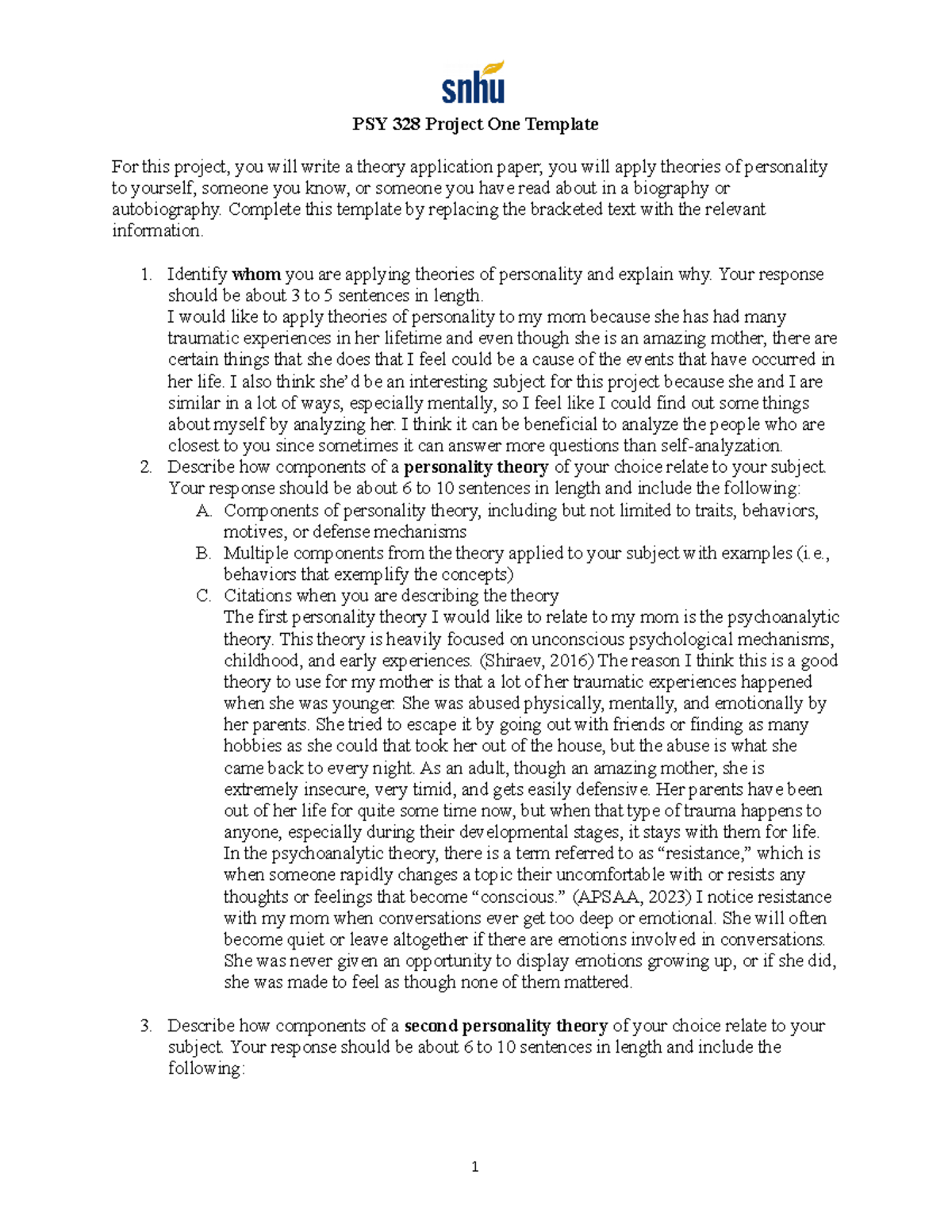PSY 328 Project One Template - Morgan Severson (2) - PSY 355 - SNHU ...