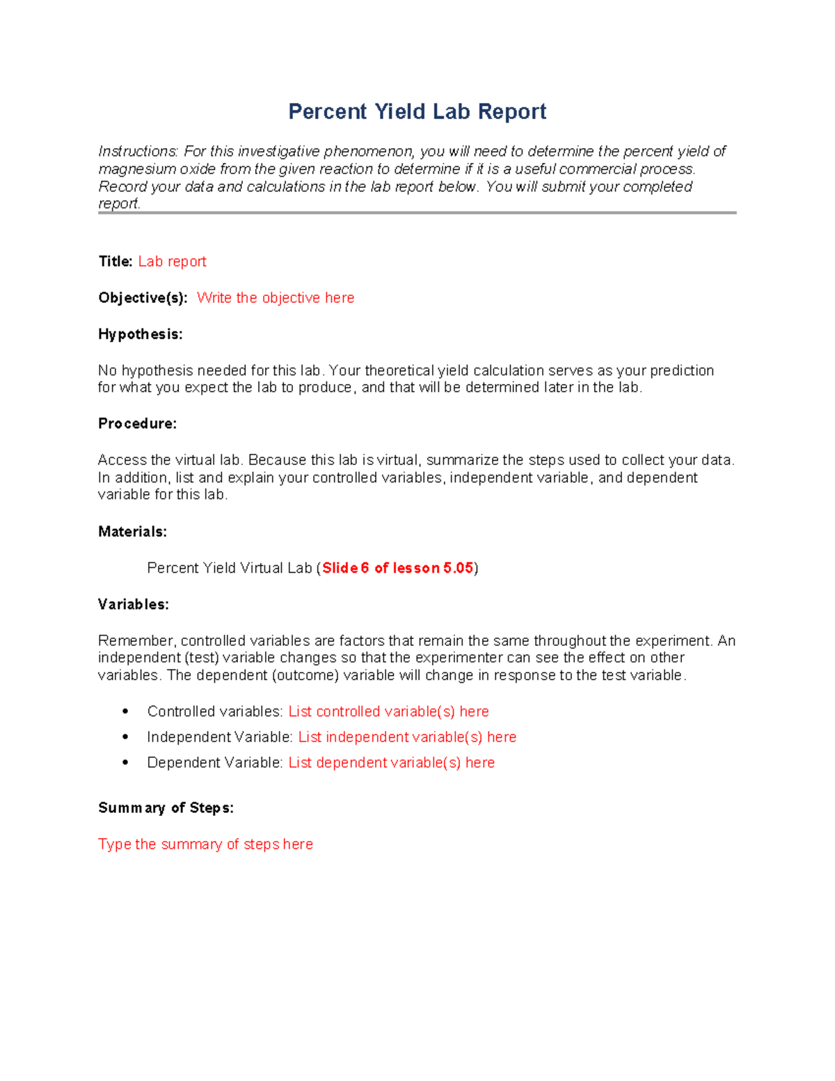 Percent Yield Lab Report - Percent Yield Lab Report Instructions: For ...