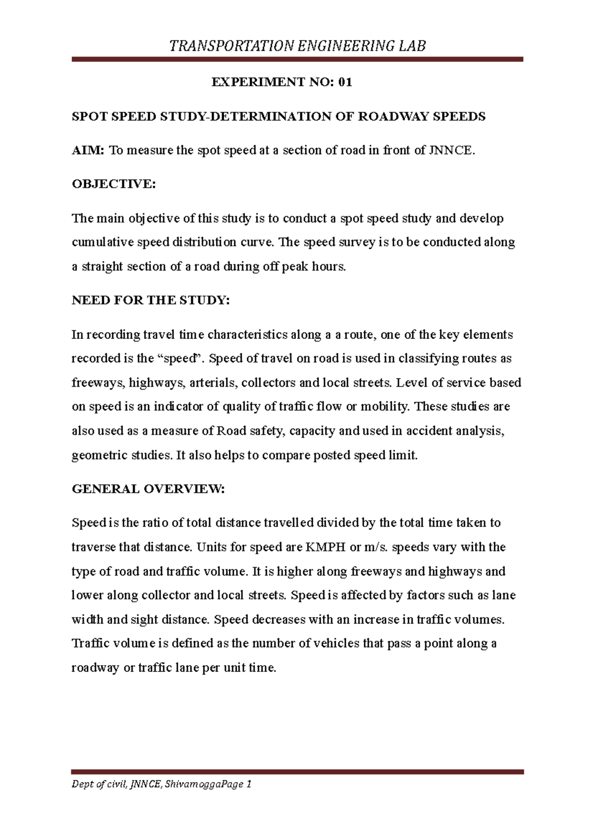 Batch 1 Report - EXPERIMENT NO: 01 SPOT SPEED STUDY-DETERMINATION OF ...