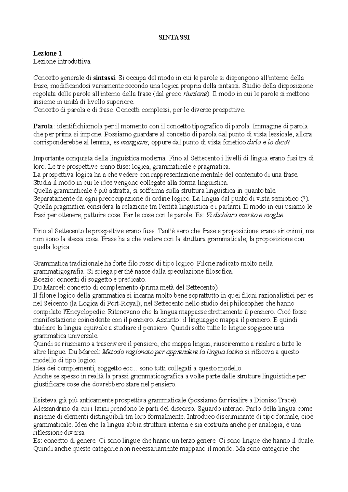 Appunti di Sintassi - SINTASSI Lezione 1 Lezione introduttiva. Concetto ...