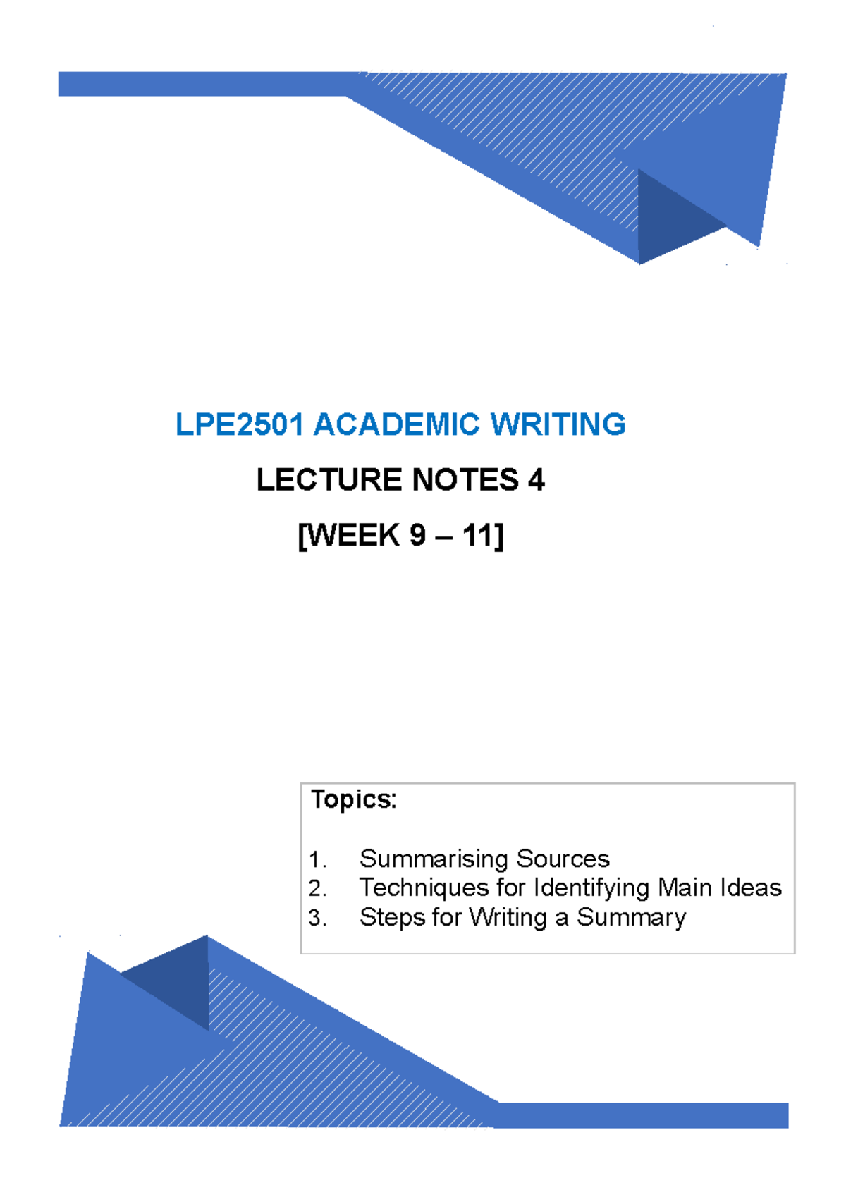LPE2501 Lecture Notes 4 (WEEK 9-11) - LPE2501 ACADEMIC WRITING LECTURE ...