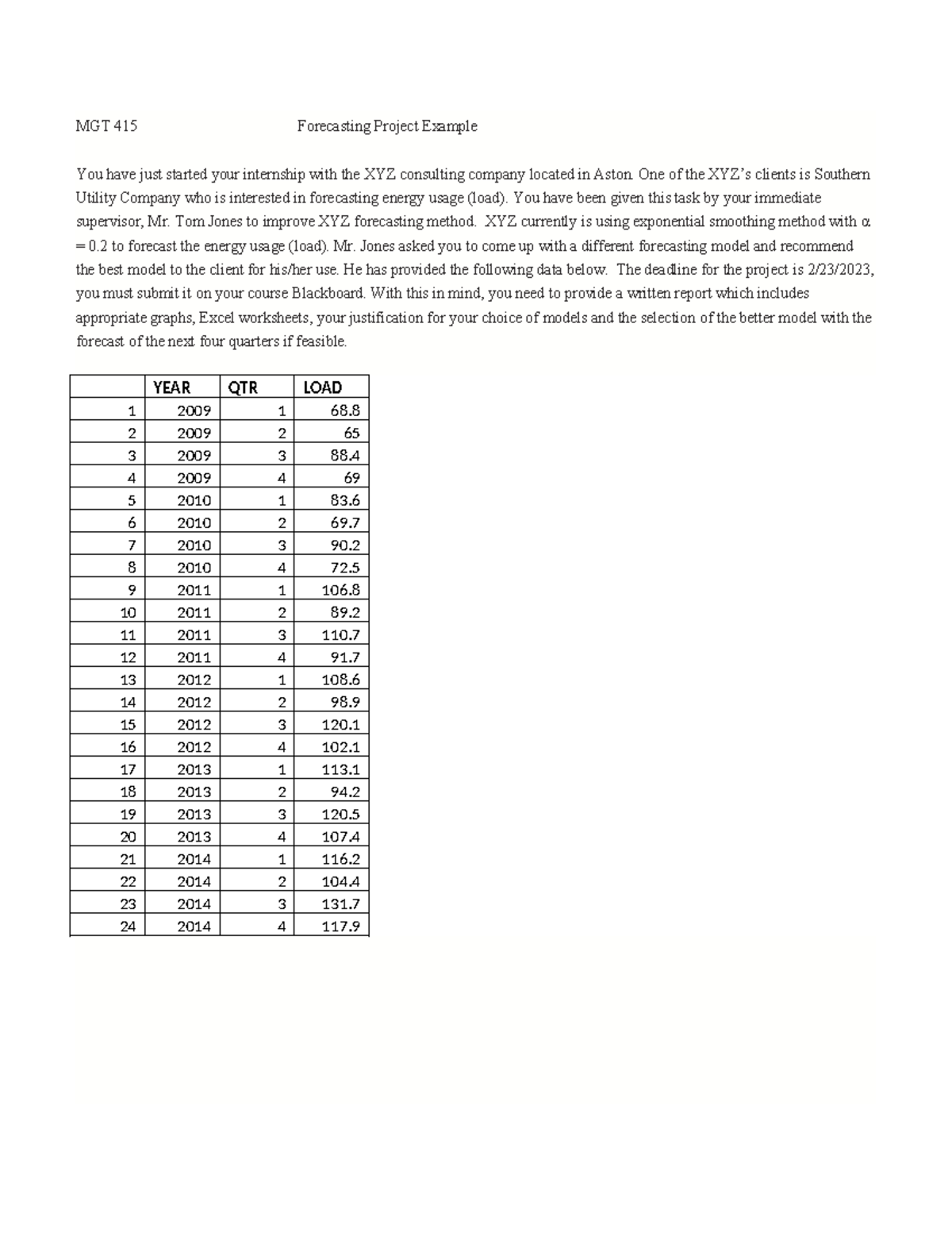 Forcasting Example - CLASS - MGT 415 Forecasting Project Example You ...