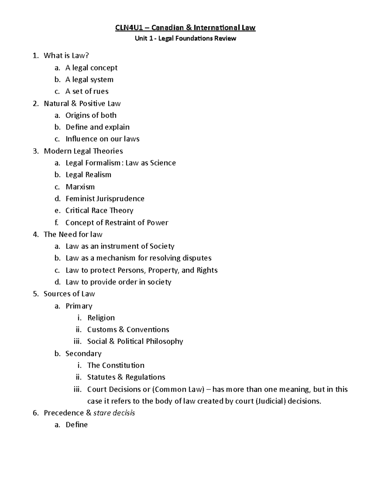 Unit 1 review - Comprehensive notes - CLN4U1 – Canadian & International ...