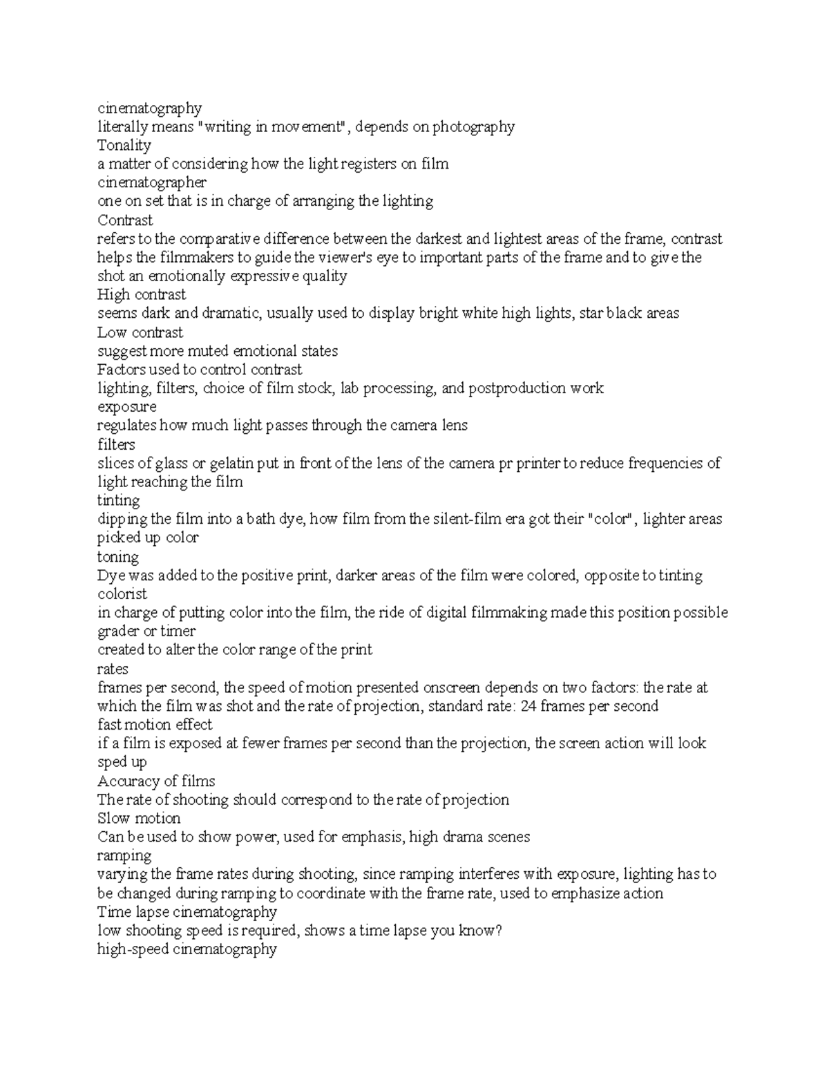 Cinematography Basics: Lighting Contrast Lens and Special Effects - Studocu